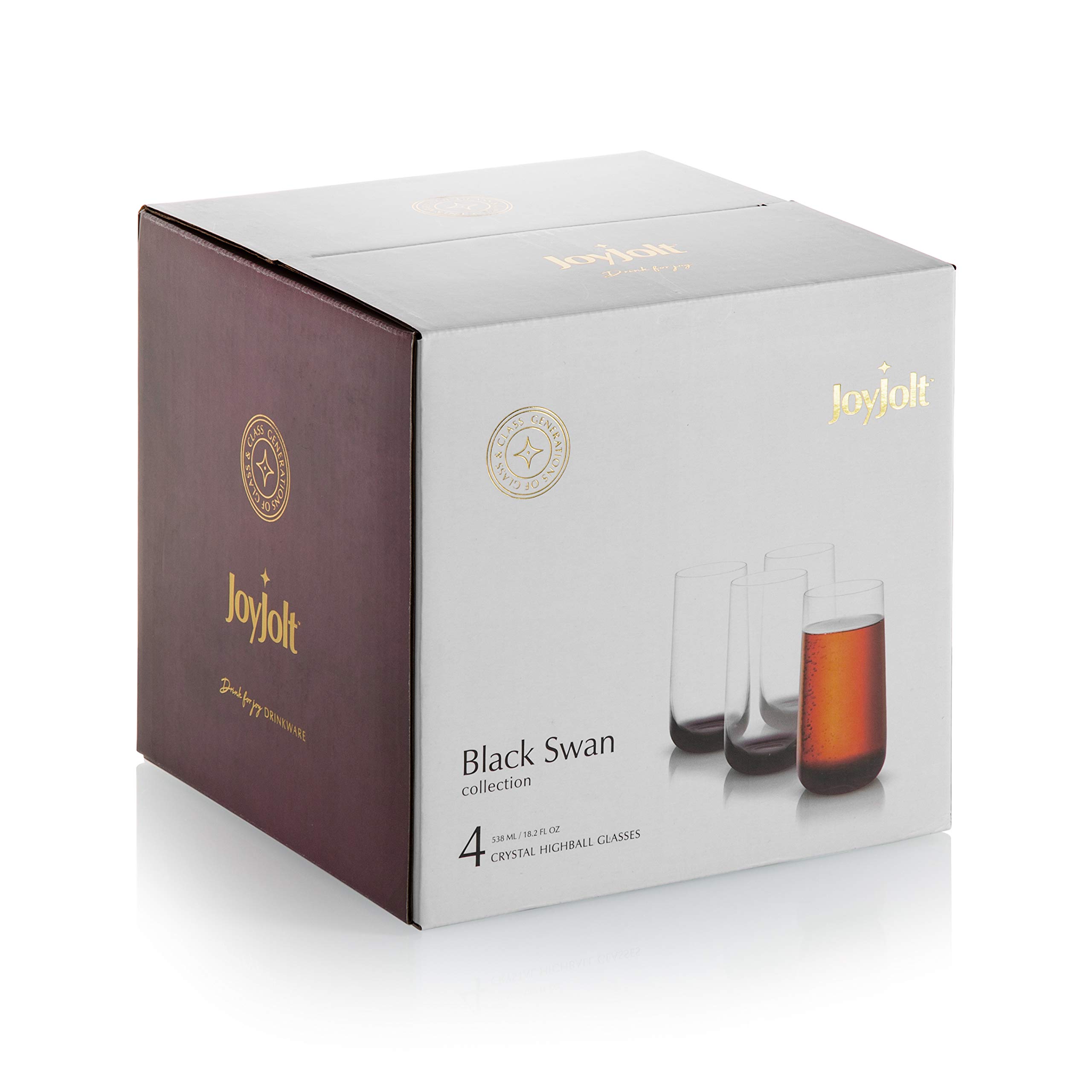 JoyJolt Black Swan Highball Glasses, Premium Crystal Glassware, 18.2 Oz Capacity, Set Of 4