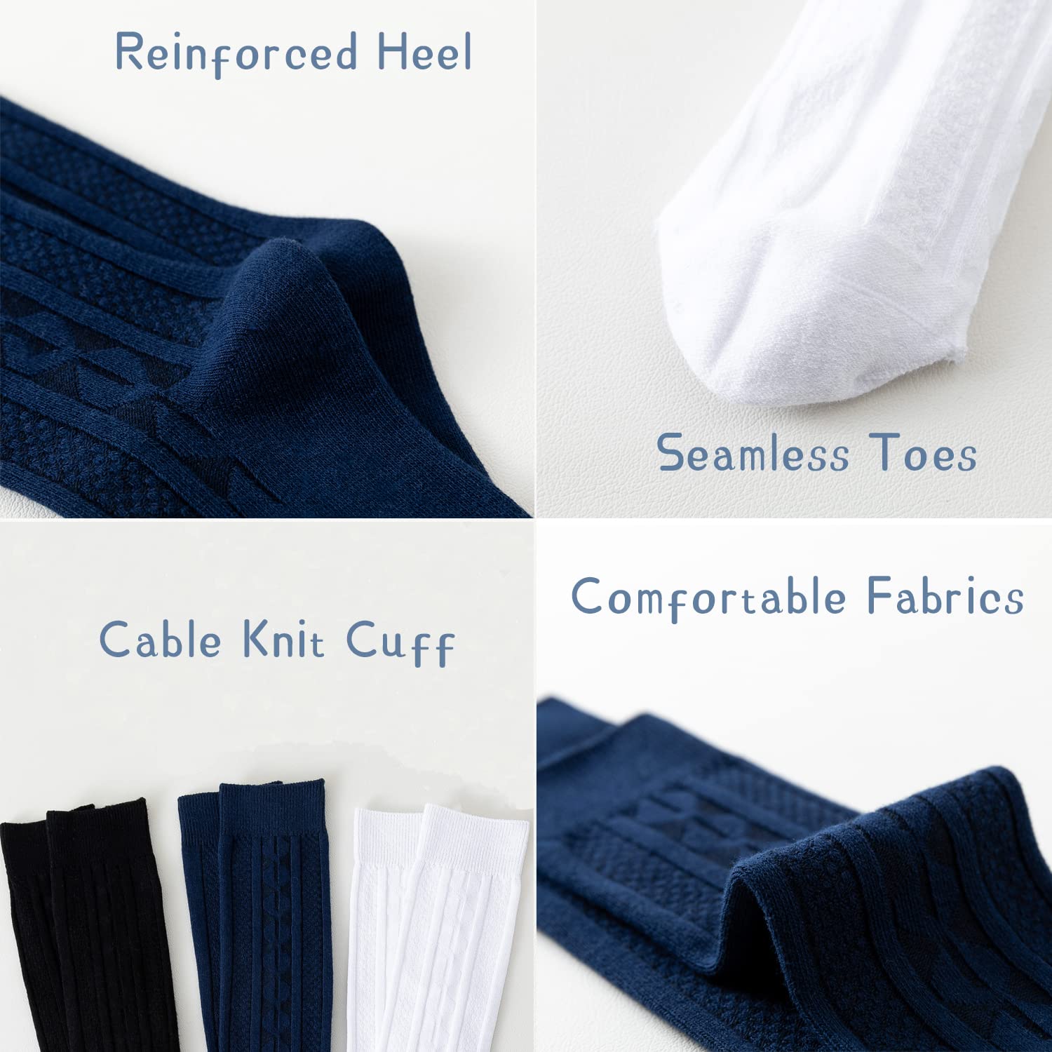 Marchare Girls Knee High Socks Kids School Uniform Seamless Cable Knit Cotton Stockings White/Black/Navy 3 Pack 5-7 Years