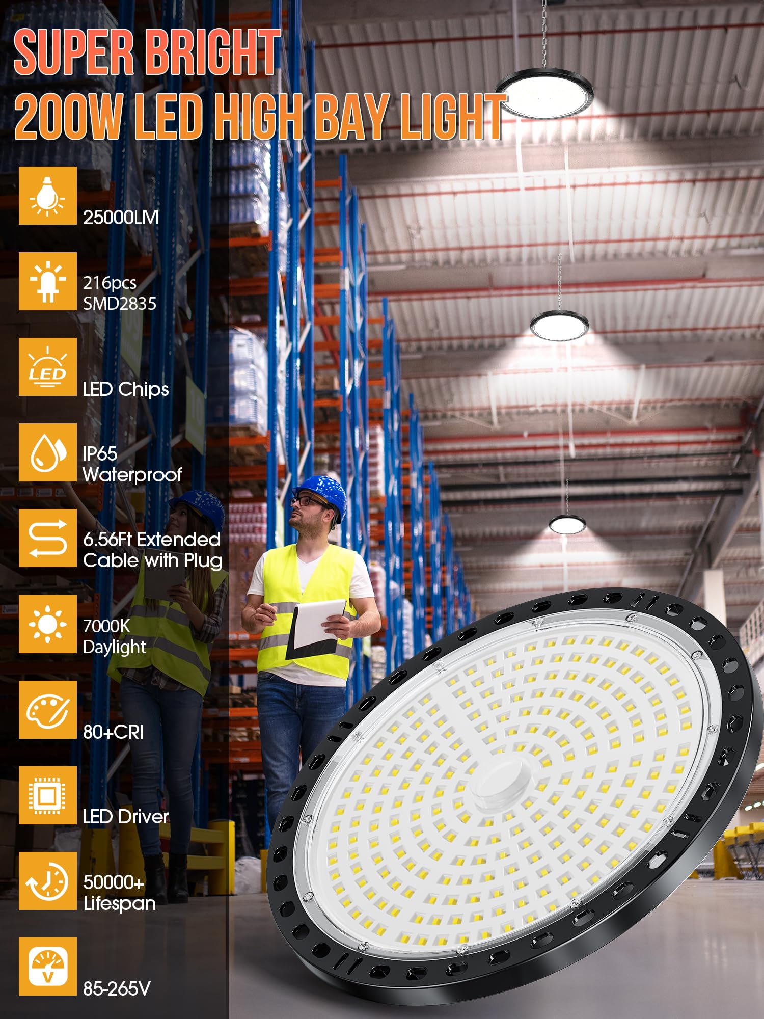 UFO LED High Bay Light - 10 Pack 200W 28000LM High Bay LED Light with US Plug 6.56FT Cable and LED Transformer, 7000k Daylight LED Shop Lights for Workshop for Garage, Factory, Workshop, Barn, Shop