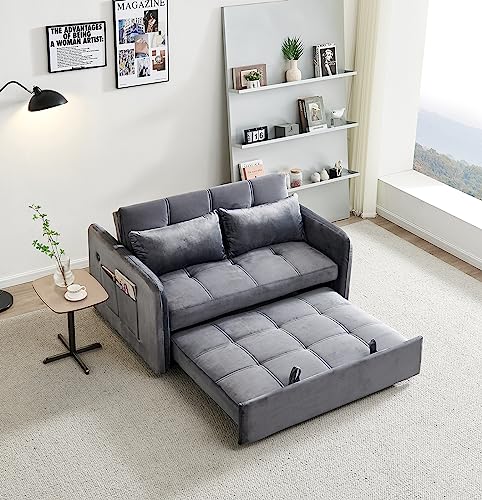 Velvet Pull Out Sleeper Sofa Bed with USB Ports, Convertible Futon Couch with Adjustable Backrest, 3 in 1 Modern Loveseat with 2 Pockets and Pillows, Small Love Seat for Living Room, Office, Dark Grey