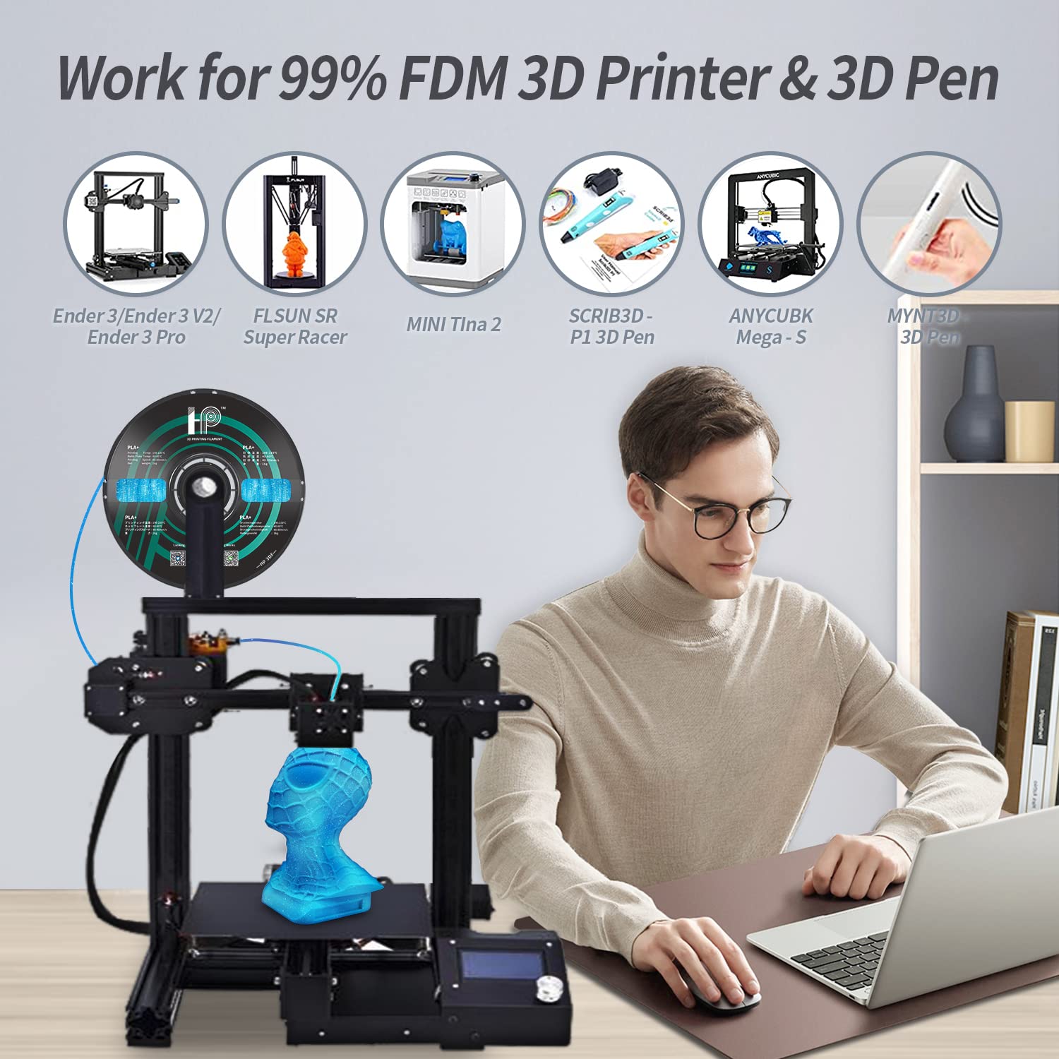 HP3DF PLA Filament, PLA Plus(PLA+), 3D Printer Filament, PLA Filament 1.75mm Dimensional Accuracy +/- 0.02mm, 1KG Spool (2.2 lbs), Fit Most FDM Printer (Black PLA)