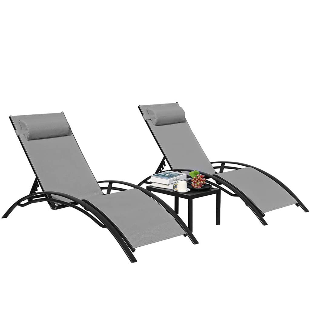 JAHH 3Pcs Sun Lounger Recliner Set Aluminum Chaise Lounges,Reclining Chair with 5 Adjustable Backrest, Head Cushion, Table for Garden