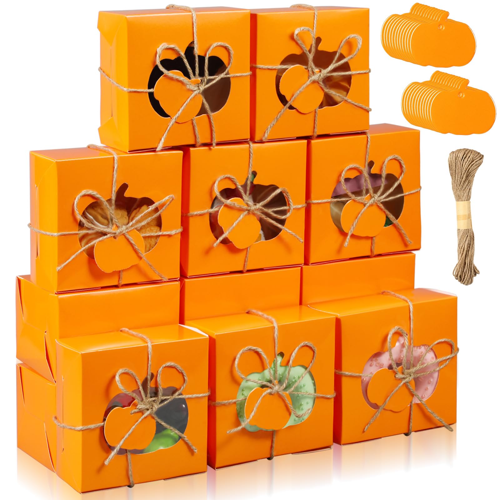 Watersay 24 Pcs Thanksgiving Treat Boxes with Present Tags, 4 x 4 x 2.5 Inch Fall Treat Boxes with Pumpkin Shaped Window Paper Gift Containers for Autumn Party Favors(Orange)