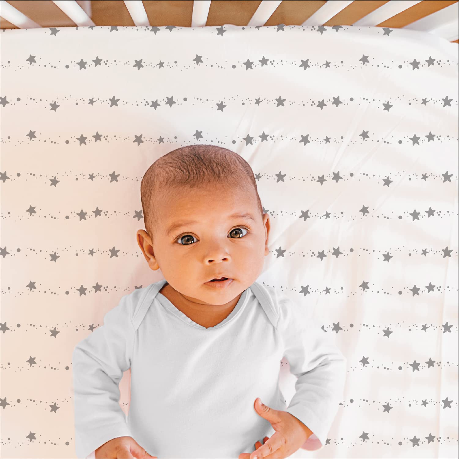 The Peanutshell Celestial Stars and Elephant Stripes Fitted Crib Sheets | Unisex 6 Pack | Grey, White
