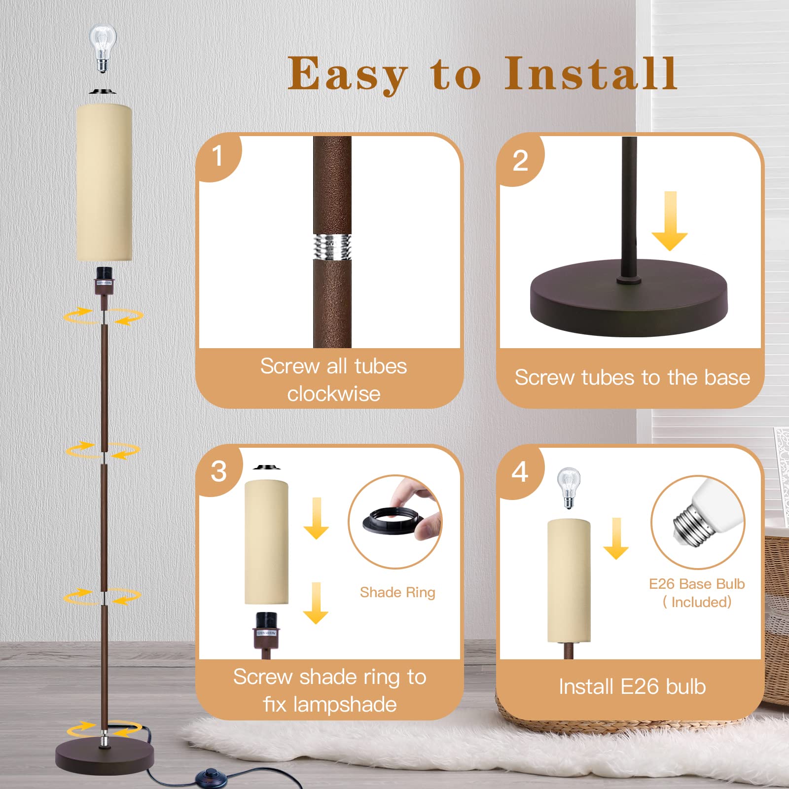 KIKET HOME Floor Lamp, Modern Design Standing Light with Linen Lamp Shade, Tall Lamp for Living Room/Bedroom/Study Room/Office with E26 Lamp Base (3-Color LED Bulb Included), Brown