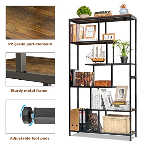 Tektalk Bookshelf,Rustic 6 Open Shelves Bookcase, Standing Book Shelf Display Bookshelves Storage Organizer Rack for Bedroom Living Room Home Office - Brown