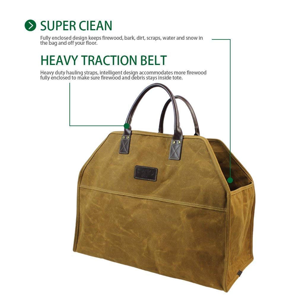 INNO STAGE Firewood Log Carrier Bag Waxed Canvas Tote Holder with Fireplace Pure Leather Gloves Set for Camping, BBQ Barbecue- Green Bag