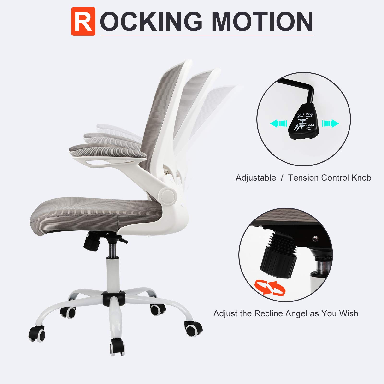 Komene Ergonomic Office Chair Mesh Computer Chair Swivel Recliner Chair with Lumbar Support and Flip-up Arms, Mid Back Adjustable Seat Height (g)