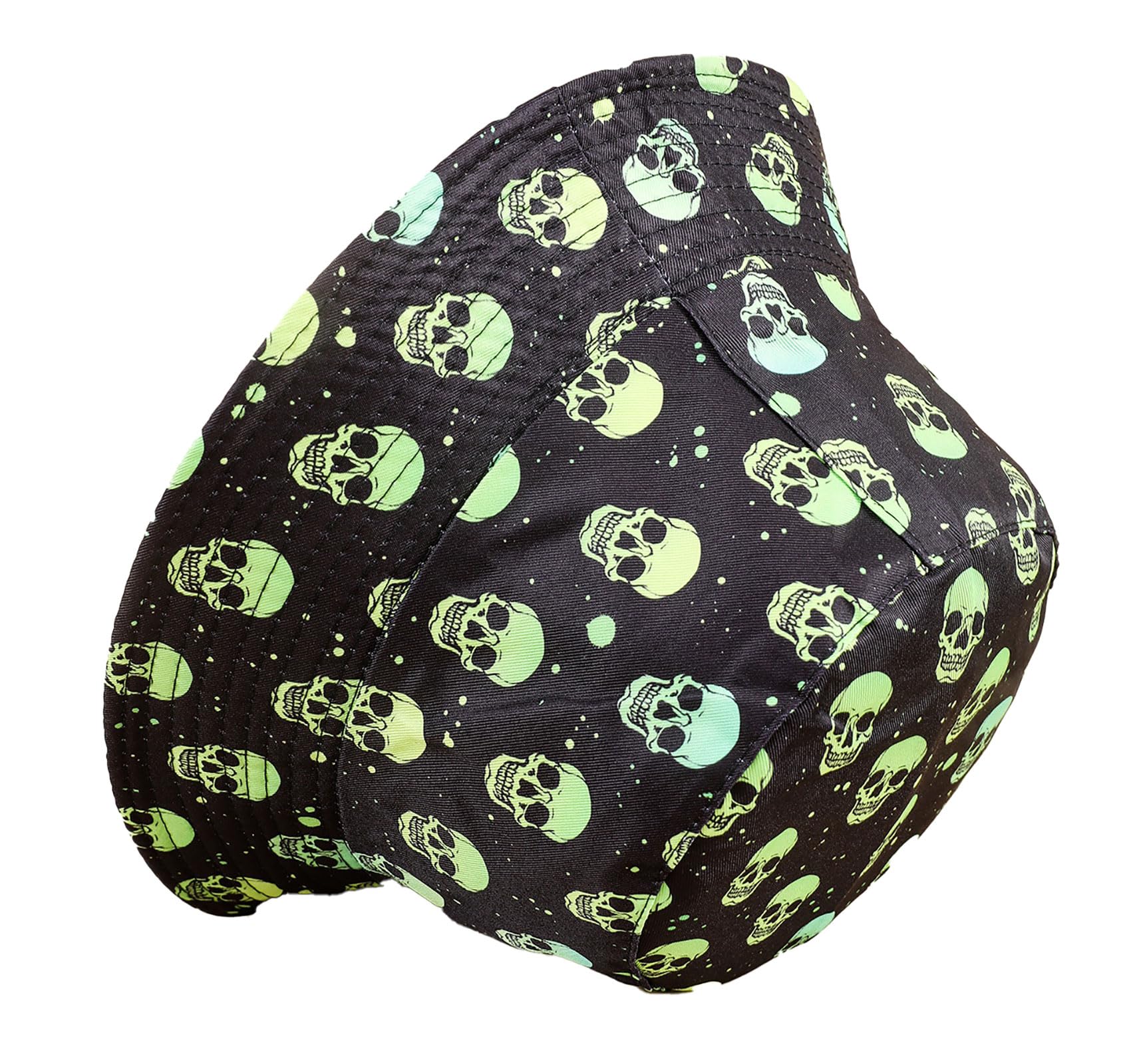 IHAUIUE Skull Print Bucket Hat Halloween Pattern Fisherman Cap Reversible Packable Sun Hats for Women, Men, Small Green Skull