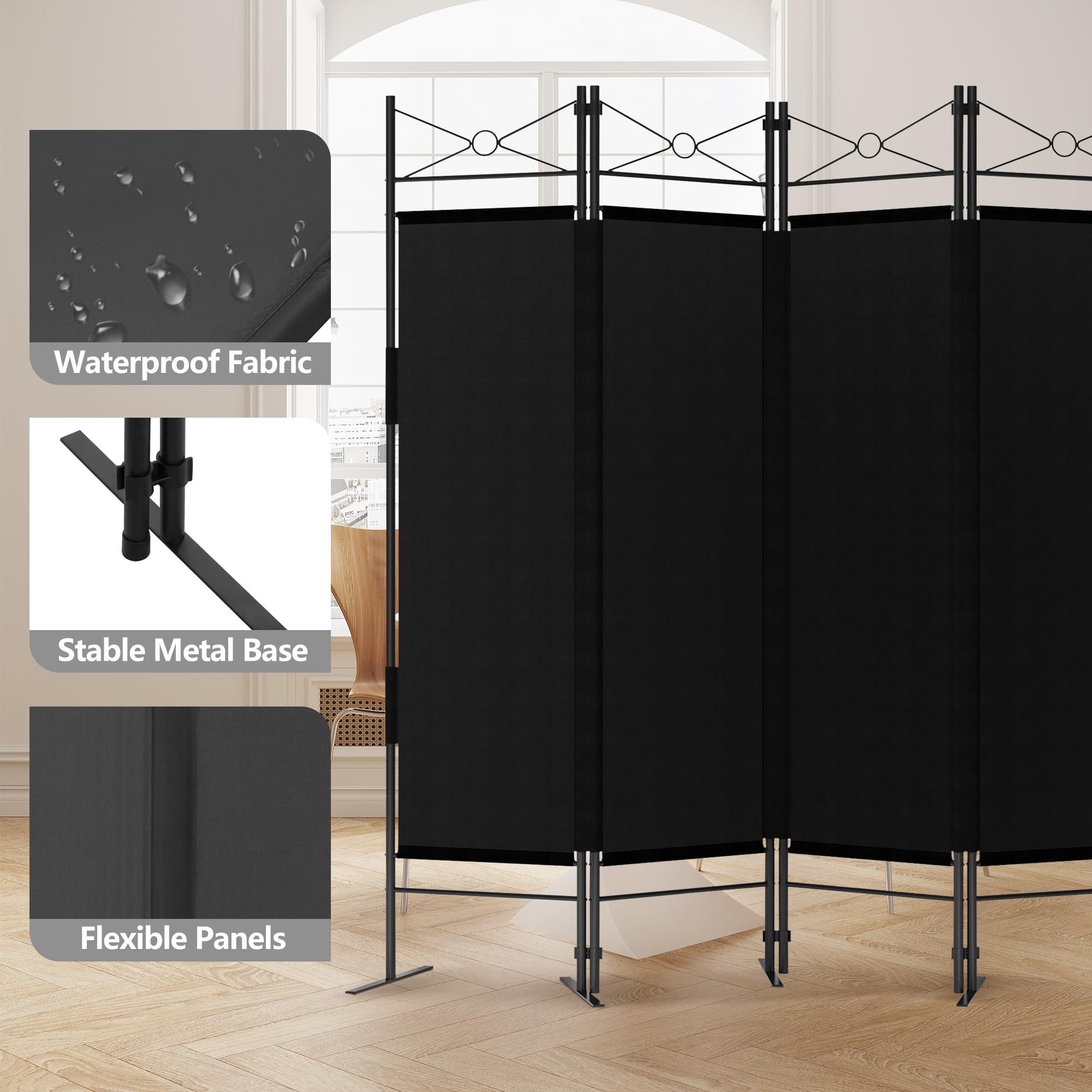 JAXPETY Upgraded 4-Panel Room Divider, 6 Ft Folding Privacy Screen with Pedestals, Freestanding Wall Divider, Portable Office Separator Bedroom Dorm Home Partition (Black)