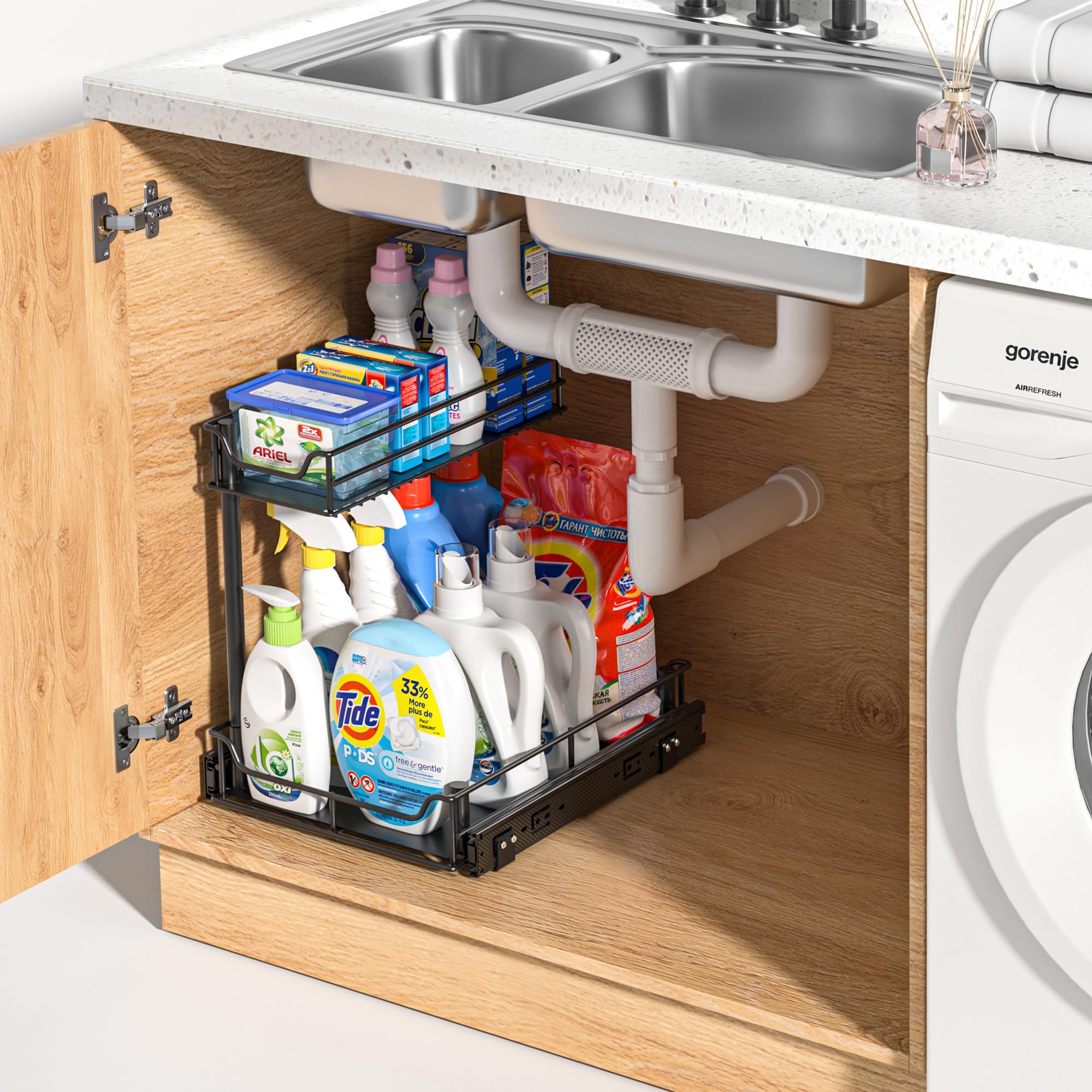 LAMU Larger Under Kitchen Sink Organizers and Storage, Metal Under Sink Organizer Bathroom Cabinet, Undersink Organizers Kitchen, Under Sink Storage and Organization, 13.1W x 16.7D x 15.6H inches