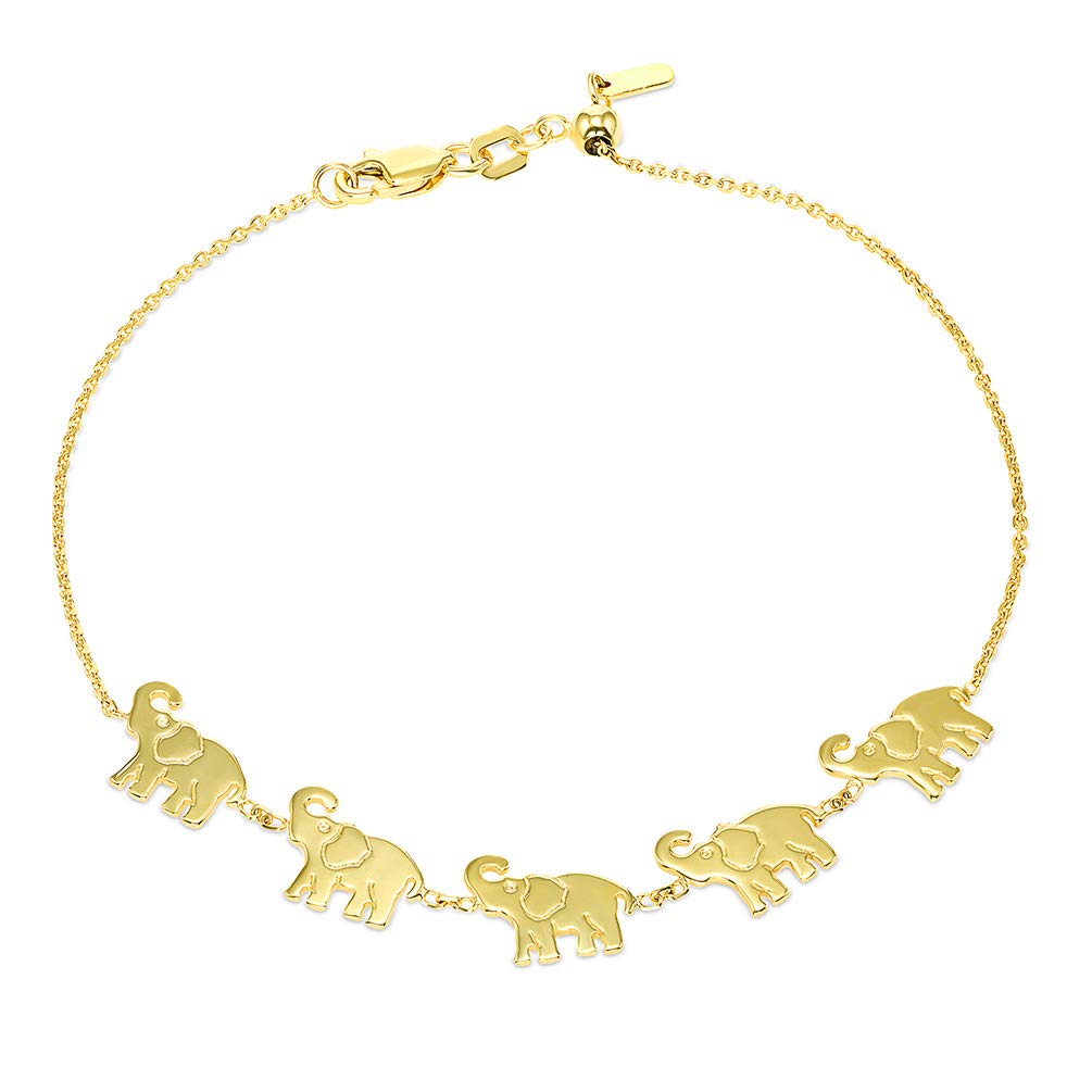 Jewelry America Solid 14k Yellow Gold Good Luck Elephant Cable Adjustable Bracelet with Lobster Clasp, 7.5"