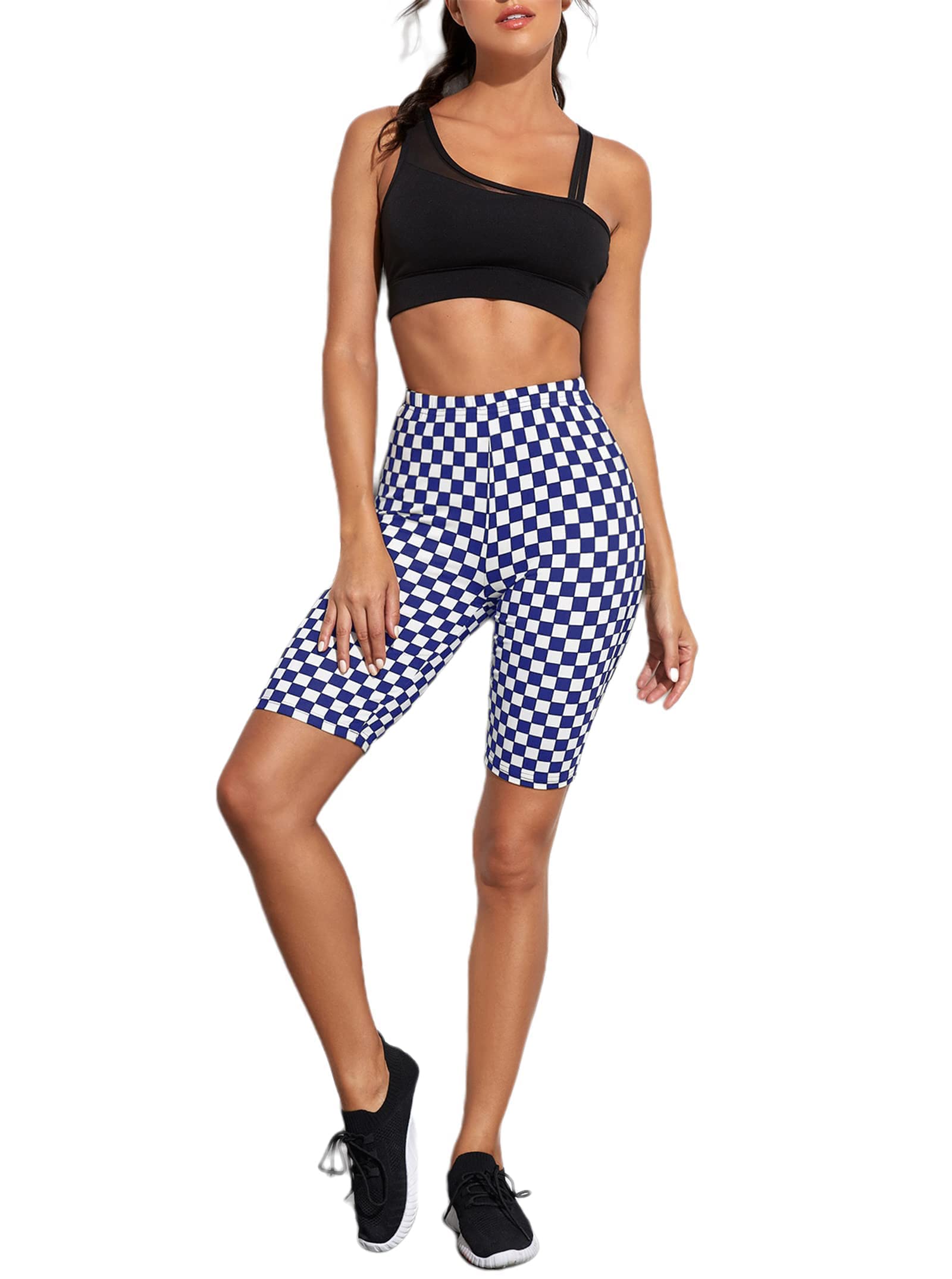 LilyCoco Womens Checkered Biker Shorts High Waist Gym Shorts Cycling Workout Yoga Short Tights Blue Checkered X-Large