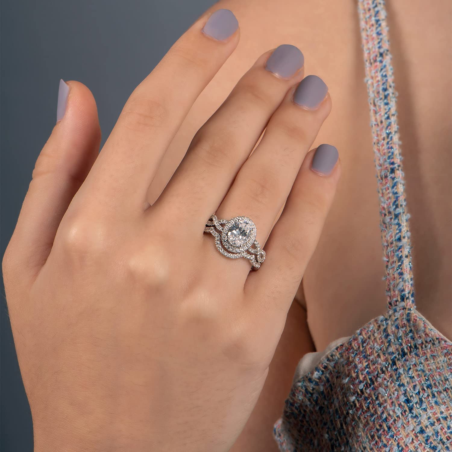 Jewelili Halo Bridal Ring in Sterling Silver with Oval and Round Shape Cubic Zirconia, Size 8