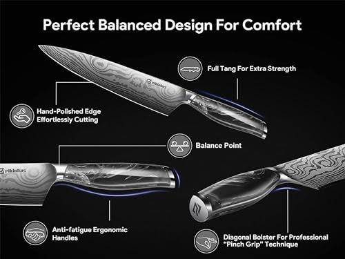 Piklohas Kitchen Knife Sets For Kitchen With Block, 14 Pieces With Magnetic Knife Holder, German High Carbon Stainless Steel Damascus Pattern Chef Knife Set With Sharpener, Steak Knives, Black