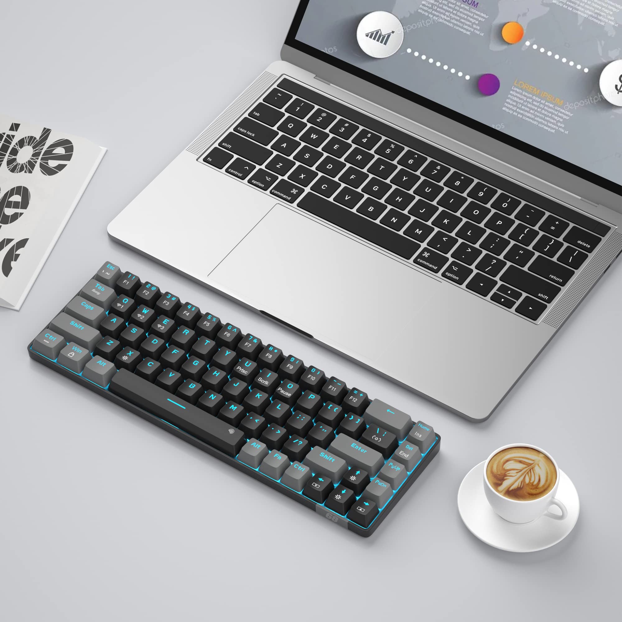 MageGee 60% Wired/Wireless Mechanical Gaming Keyboard with Red Switch, 68 Keys Compact LED Blue Backlit Mini USB-C Office Keyboard for PC Laptop Mac Smartphone, Black/Grey
