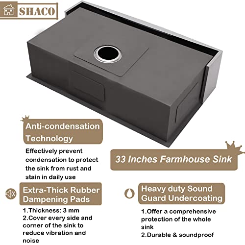 SHACO 33 Inch Farmhouse Sink, 33x20x9 Stainless Steel Farmhouse Kitchen Sink, 9 Inch Deep Brushed Nickel Single Bowl Ledge Workstation Sink, Apron Front Farm Sink with Cutting Board