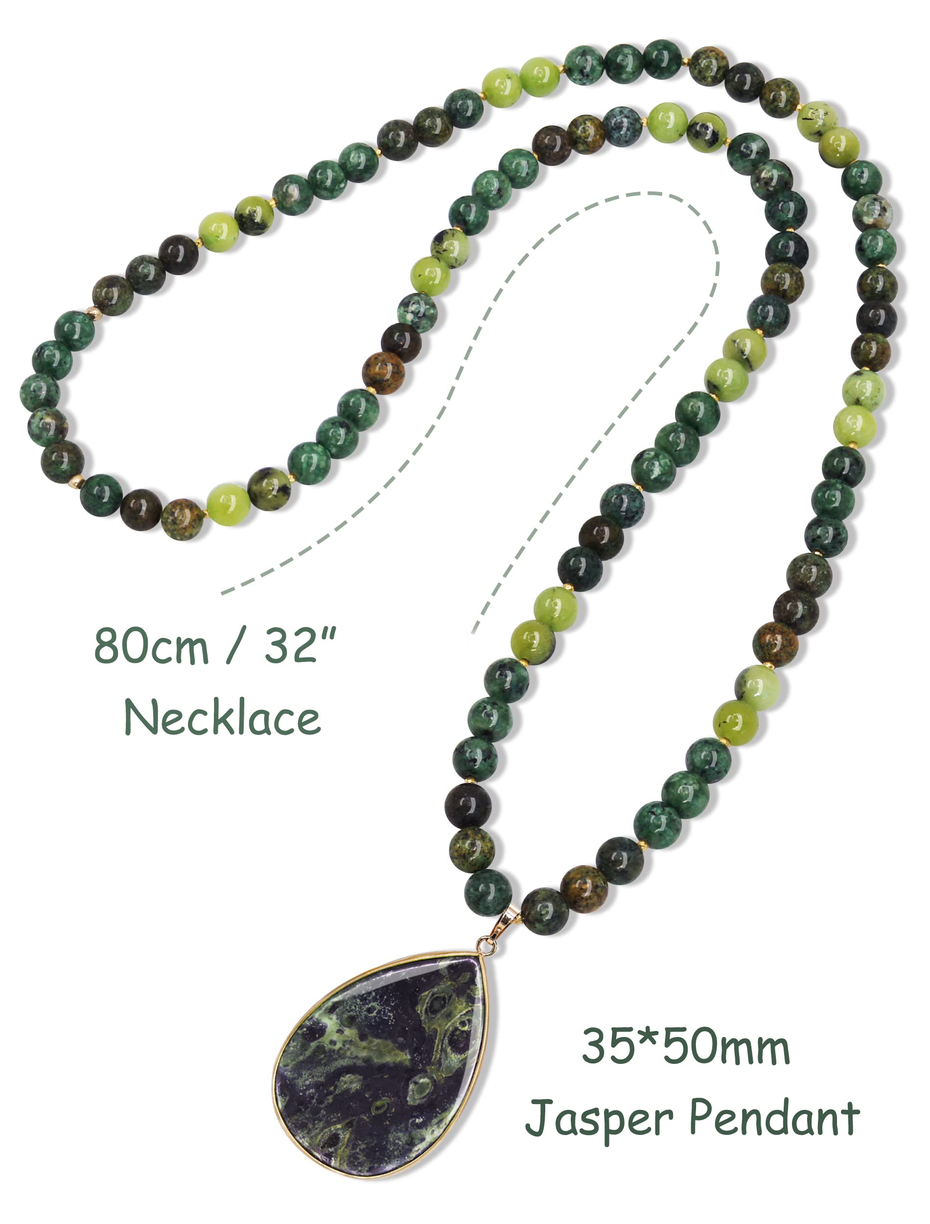 PEARLFECT Long Pendant Necklaces for Women/Men Trendy, 8MM Womens Beaded Jasper Necklaces,32 Inch Green Stone Bead BOHO Necklace Jewelry,Chunky Statement Necklace, Gemstone, Jasper