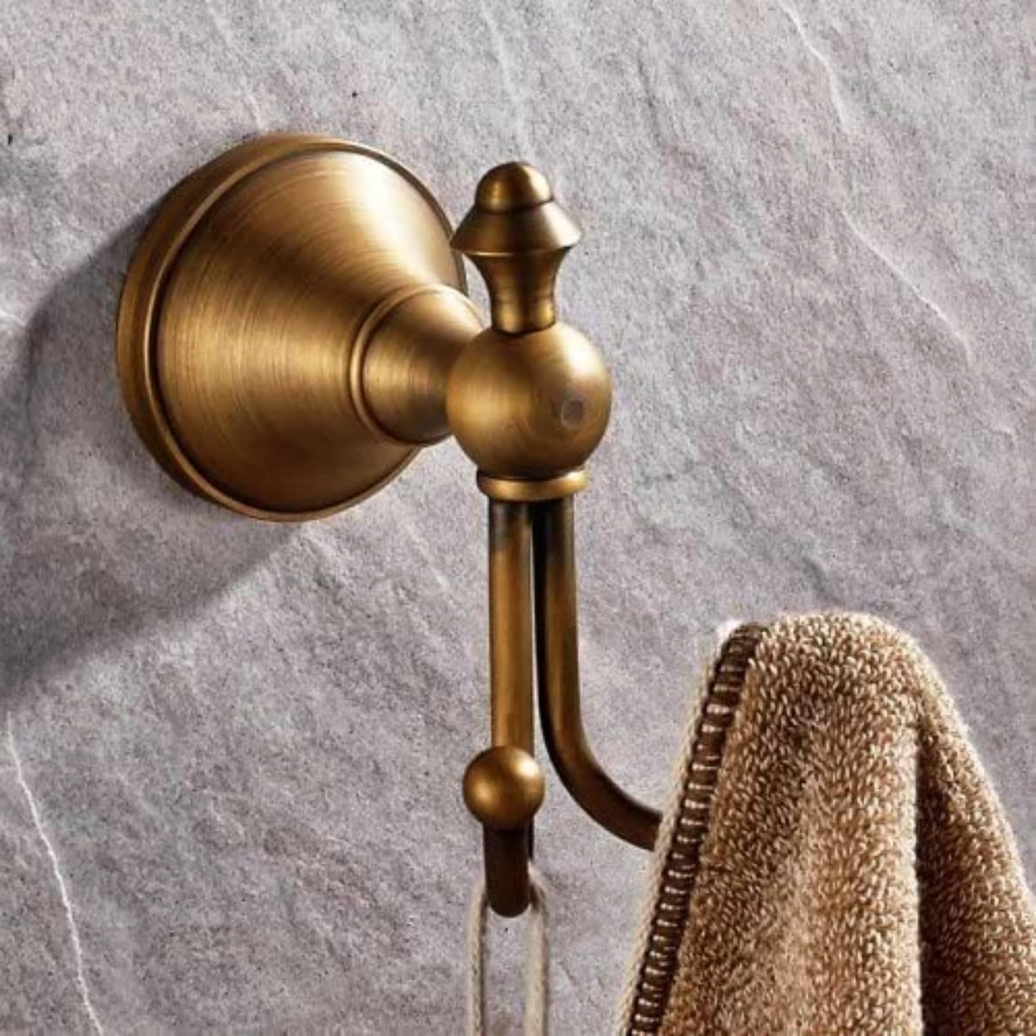 YWHWXB Vintage Wall-Mounted Towel Hook,Antique Brass Towel Hook,Bathroom Robe Hooks with Brushed Double Hooks for Bathroom Kitchen Bedroom(Max Capacity 11 Lbs)