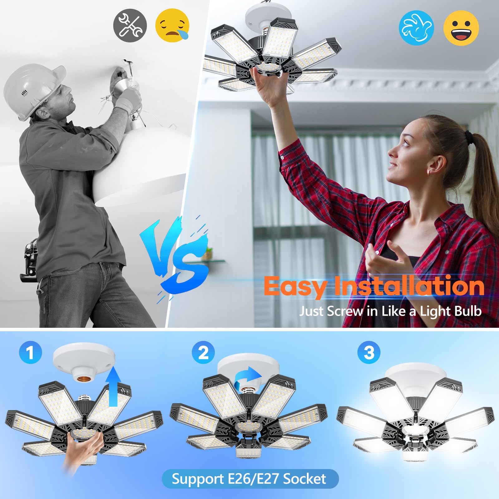 YIBEYYDS LED Garage Light Garage Lights Ceiling LED - 210W 21000LM 6500K Garage Light with 7+1 Deformable Panels LED Garage Ceiling Lights Support E26/E27 for Garage, Workshop, Basement (6)