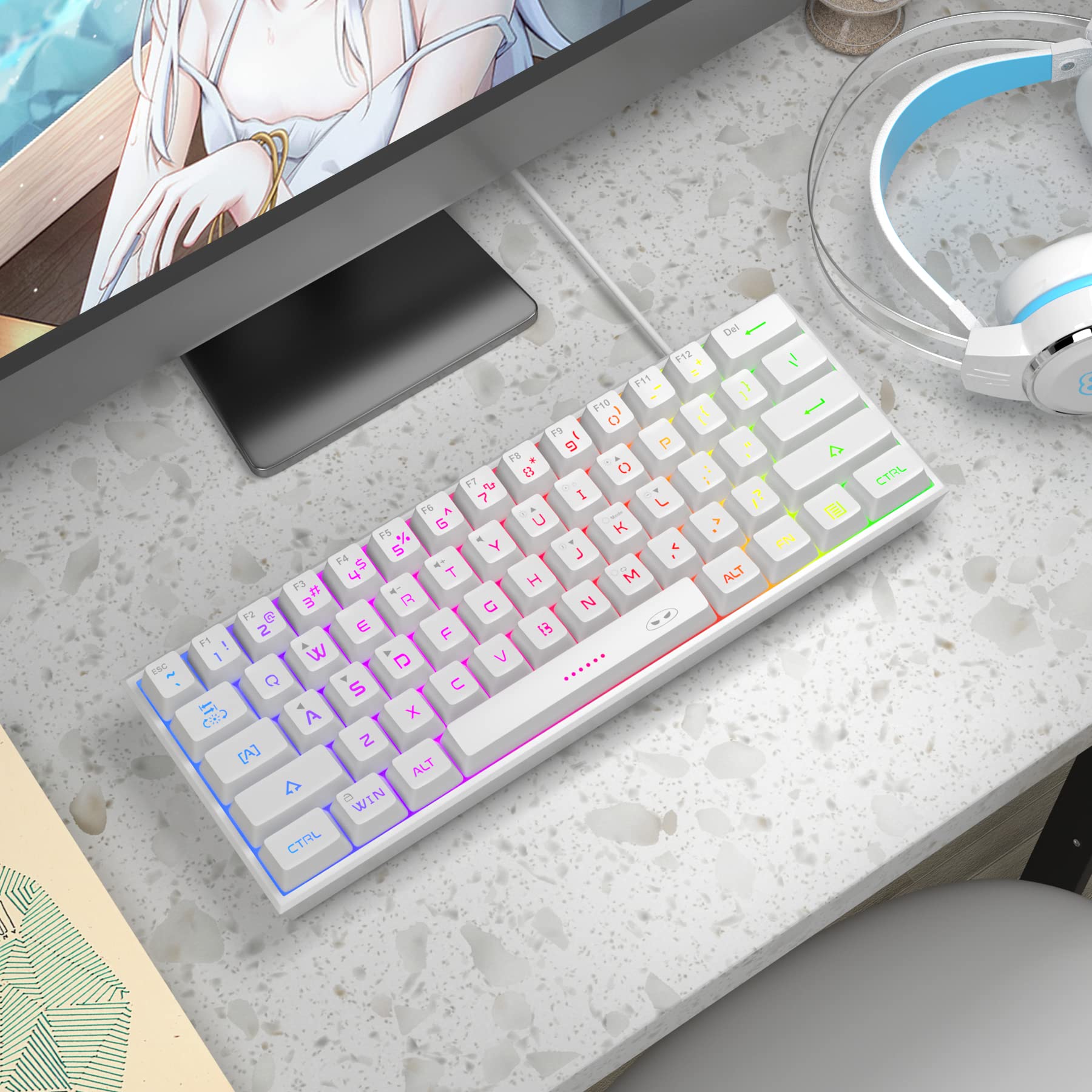 MageGee 60% Wired Gaming Keyboard, RGB Backlit Ultra-Compact Mini Keyboard, Waterproof 61 Keys Keycap Lettering Translucent Keyboard for PC/Mac Gamer, Typist, Easy to Carry on Business Trip(White)