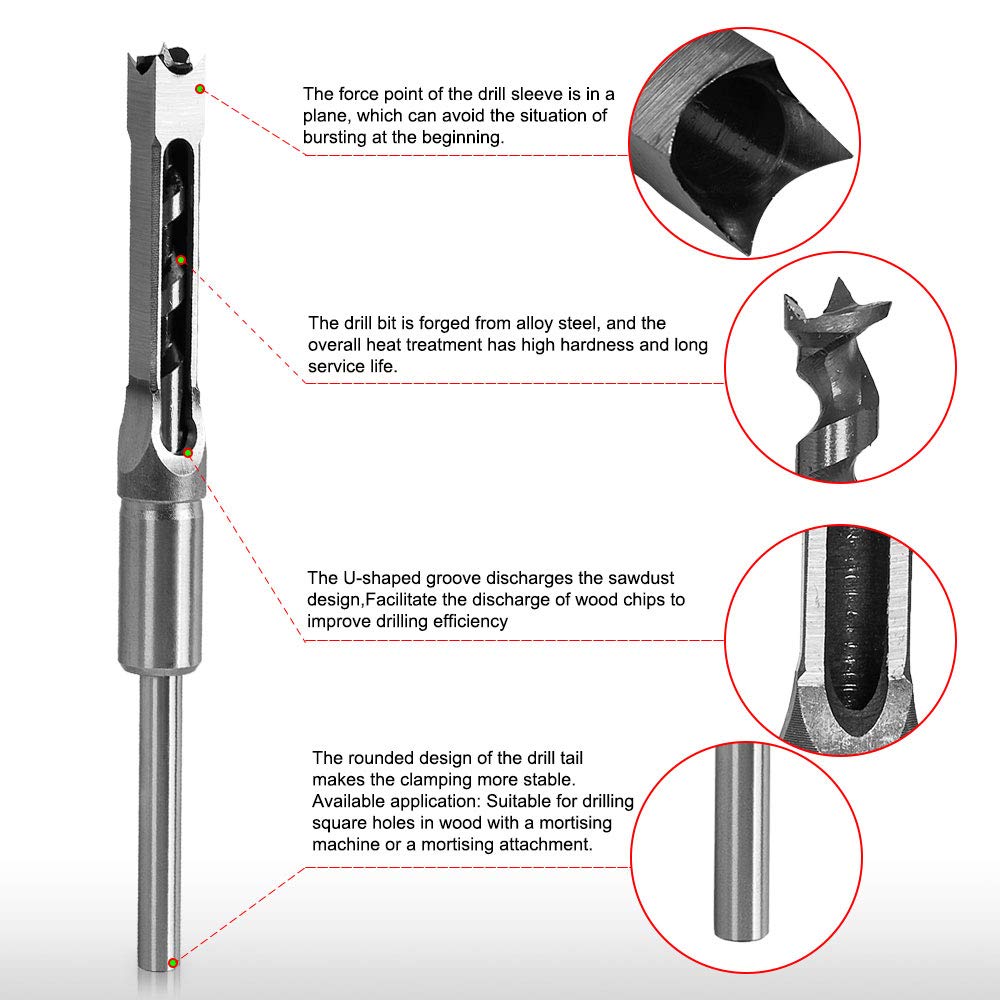 SaferCCTV Square Hole Drill Bit, Steel Woodworking Mortiser Hardness Sharp Durable Mortising Chisel Set 1/2-Inch, 1/4-Inch, 3/4inch, 3/8-Inch, 5/8-Inch, 5/16-Inch, 9/16-Inch -7pcs