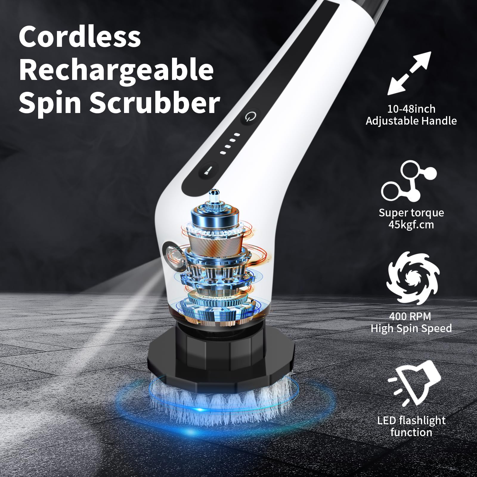 JBCE Electric Spin Scrubber, Cordless Spin Scrubber, Black and White, with 10 Replaceable Cleaner Brush, Adjustable Extension Handle for Bathtub Grout Tile Floor