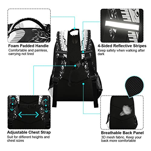 Unique Piano Music Note Backpack, Musical Theme Casual Daypack Laptop Backpack Outdoor Sports Shoulder Bag Safe Reflective Stripes
