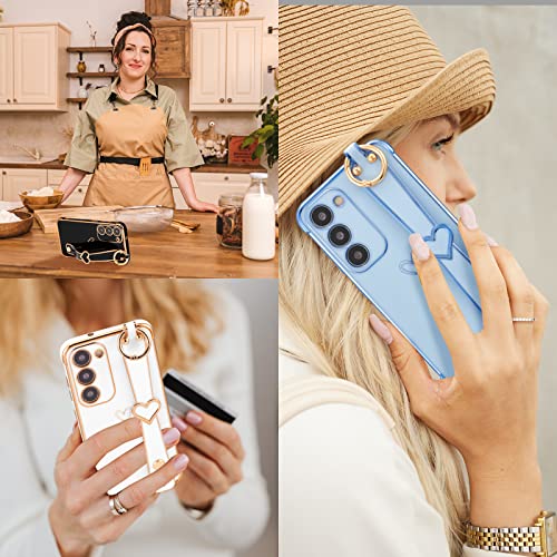 ZTOFERA Samsung Galaxy S23 5G Case with Kickstand,Luxury Cute Plating Edge Love Hearts Pattern Wrist Strap Finger Holder for Girls Women,Soft Shockproof Cover for Galaxy S23 6.1",Blue