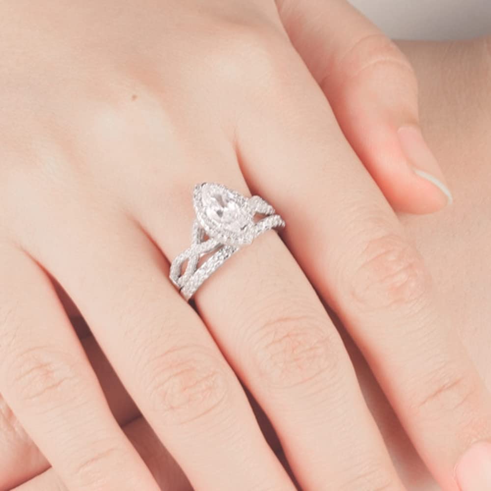 Marquise Bridal Sets Wedding Ring Set for Women Platinum Plated Silver, 1 Carat Center Moissanite Engagement Ring Set White Gold Vintage Anniversary Promise Rings for Her with Text Engraving(size 7