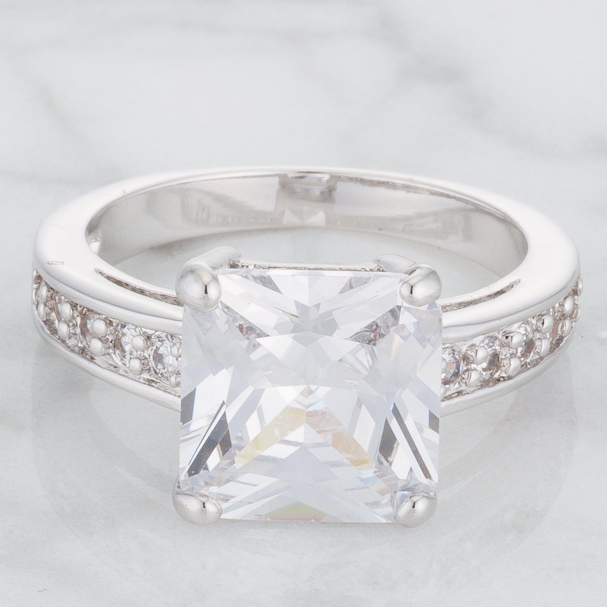 Kate Bissett Raised Pave Engagement Ring Featuring a 10mm Princess Cut Center Stone & 2mm Side Stones Size 10