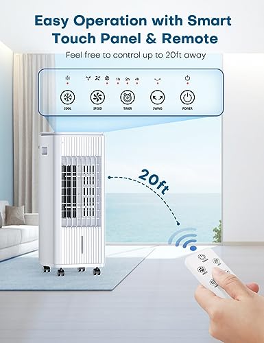 TEMEIKE 3-IN-1 Evaporative Air Cooler, Swamp Cooler Air Conditioner Portable for 1 Room w/Remote, 3 Speeds & 2 Modes, 70° Oscillation & 7H Timer, Windowless Evaporative Cooler for Indoor Office Home