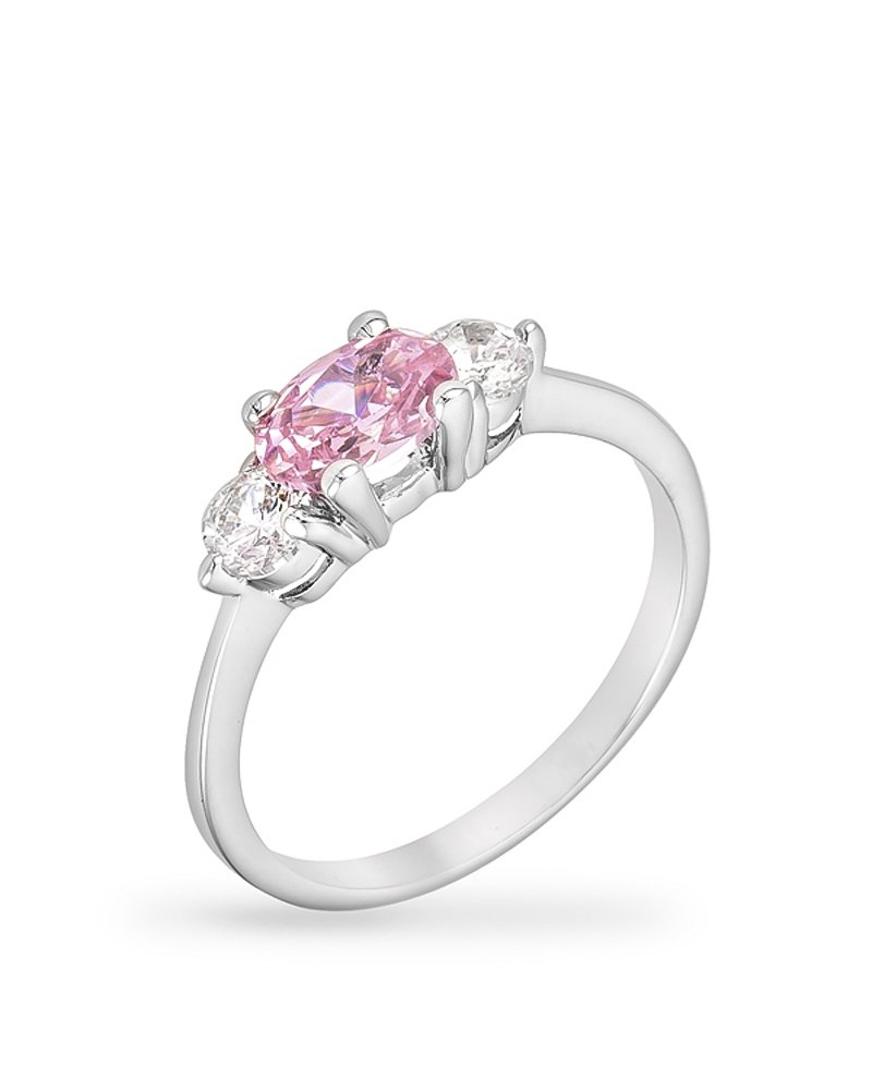 Kate Bissett Rhodium Plated Triplet Engagement Ring with Pink Ice Color and Clear CZ in a Prong Setting Size 9