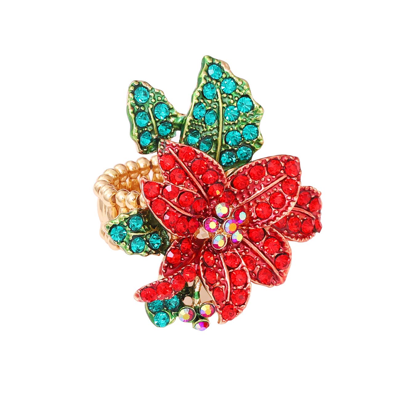 JYJ Christmas Ring for Women,Statement Crystal Christmas Jewelry for Women Xmas Poinsettia Flower Santa Tree Finger Ring Thanksgiving Party Accessories Gift (Poinsettai Flower, #6)