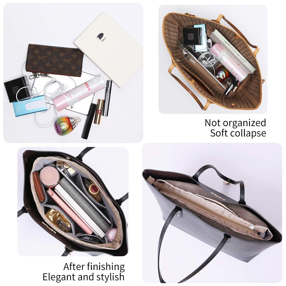 iN. Purse Organizer Insert with zipper Nylon fabric for women Handbags & Totebag beige Size: Large: 15.7"(Top)/12.2"(Bottom) L × 4.9" W × 10" H
