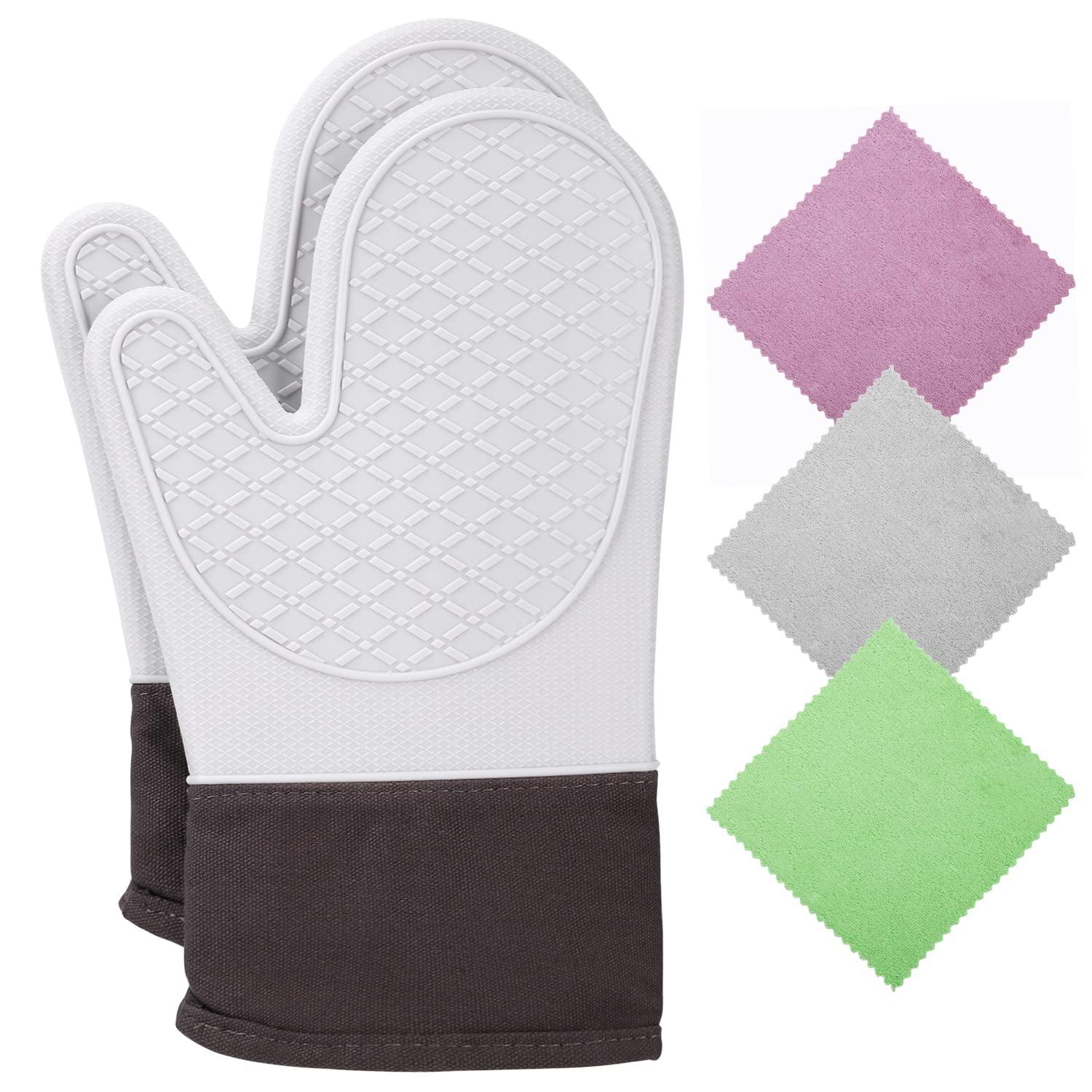 MKLINSIYU Silicone Kitchen Oven Mitts,Heat Resistant 500 Degrees,Oven Mitts Set,Waterproof Flexible Glove and Quilted Liner for Oven Cooking, Grill & BBQ (Light Grey), 12 x 5.7 x 0.75 inches