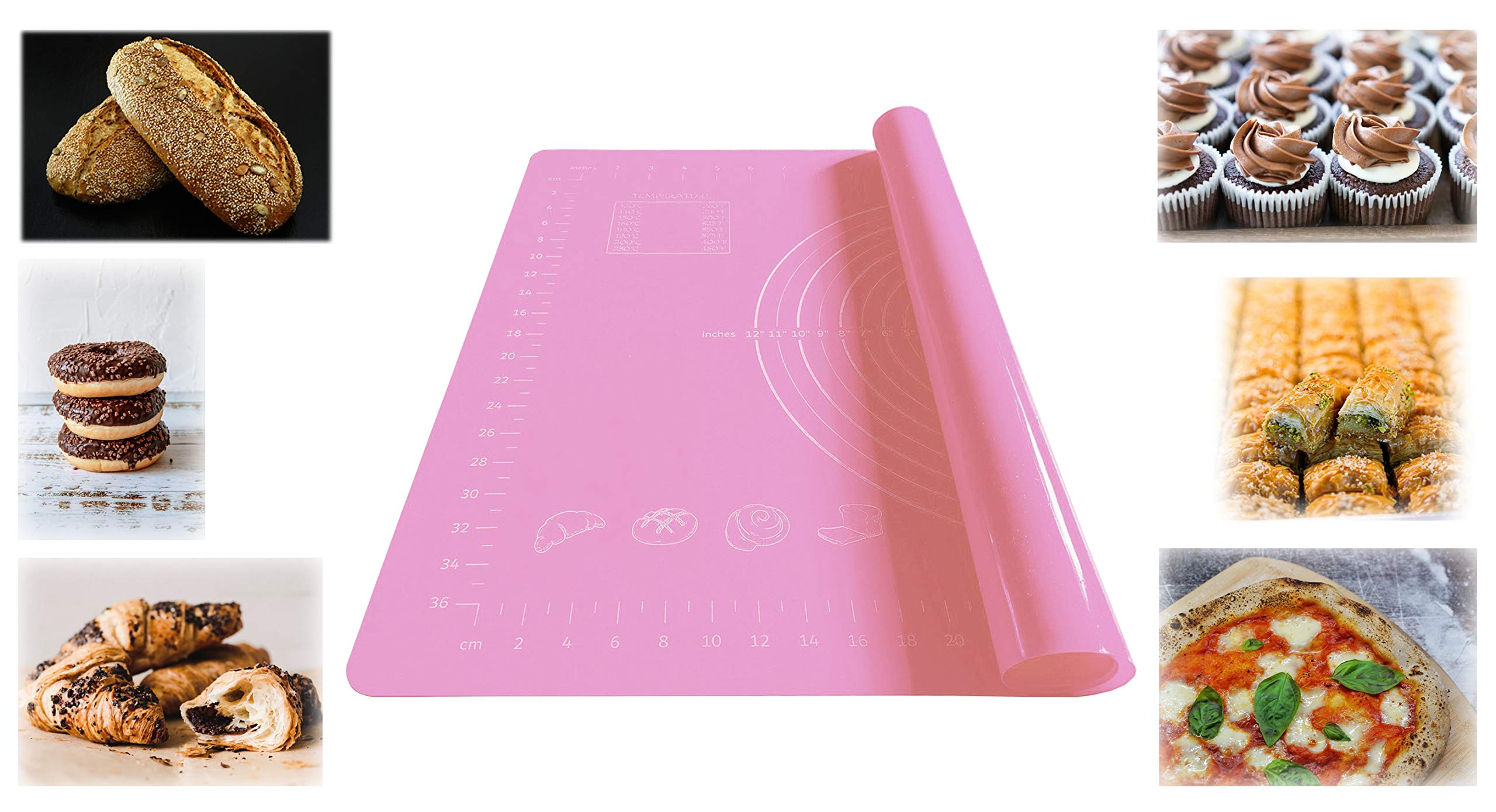 Pink Silicone Baking Mat Pastry Mat For Rolling Out Dough Pastry Pie Crust and Fondant Nonstick Thick Large 25β X 18β With Measurement, BPA Free Non stick Non Slip and Easy to Clean Reusable