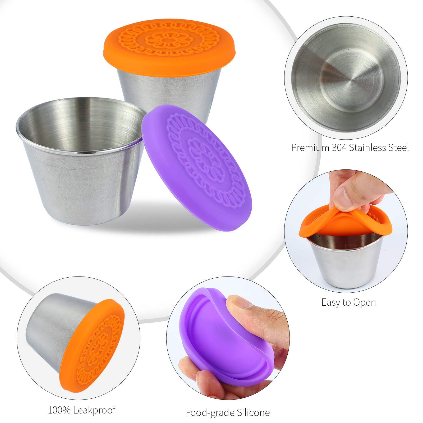 MLRYH 6Pcs 2.5oz Salad Dressing Container To Go,Stainless Steel Condiment Containers Cups with Silicone Lids, Leakproof & Reusable Sauce Containers for Snacks, Dipping Sauce,Ice Cream.¡