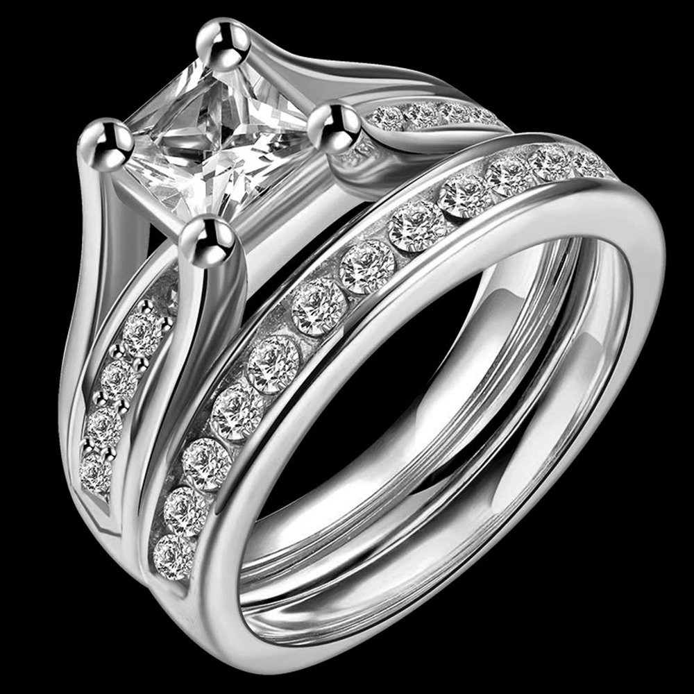 Jude Jewelers Stainless Steel Princess Cut Wedding Engagement Ring Set Anniversary Propose Eternity Bridal Halo (7.5)