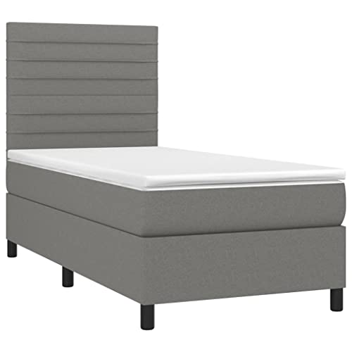 vidaXL Box Spring Bed with Mattress and LED Bedroom Upholstered Single Bed Frame Base Mattress Protector Foam Topper Dark Gray Twin XL Fabric