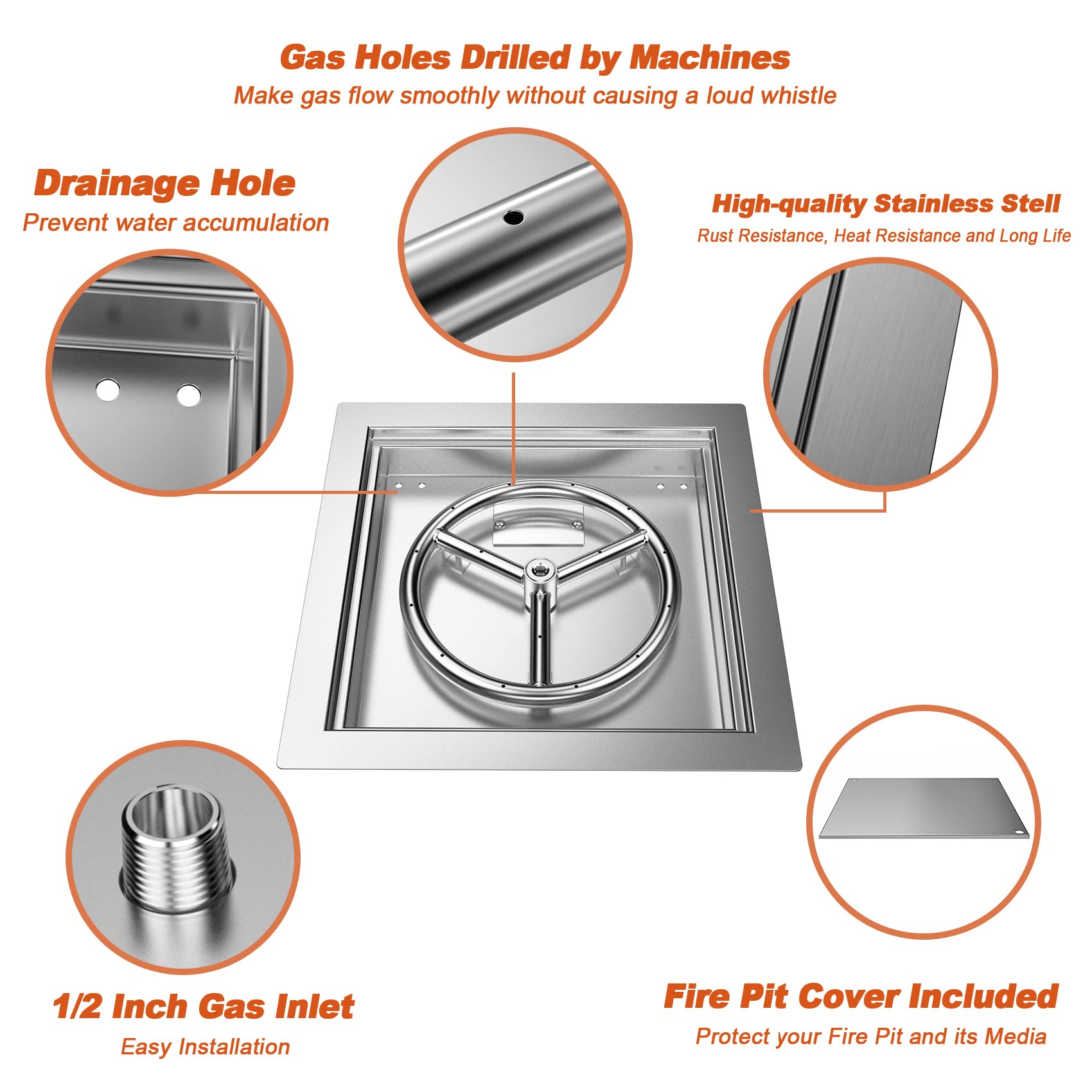 Skyflame 12 inch Square Stainless Steel Drop in Fire Pit Burner Pan with Burner Ring and Protective Cover, Outdoor DIY Firepit Kit for Both Natural Gas and Liquid Propane