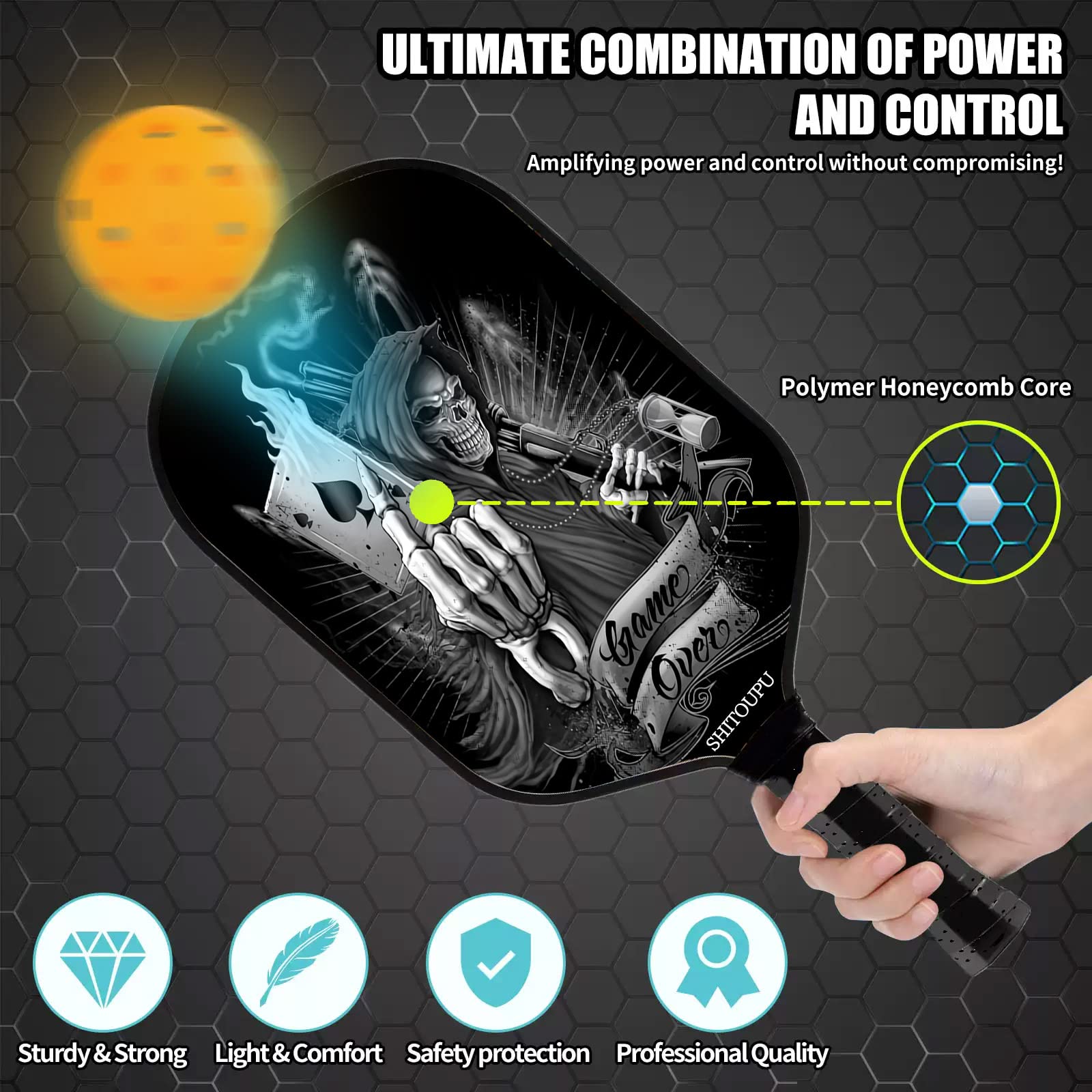 Poker Skull Graphite Pickleball, Lightweight Pickleball Set with 4 Balls and 1 Pickleball Bag,Pickleball Rackets