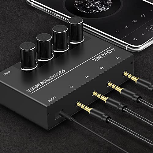 ZUKVYE 4 Channel Headphone Amplifier Stereo Audio Amp, Ultra-Compact Portable Headphone Splitter w/4 3.5MM Headphones Output Jack and 3.5MM Audio Input