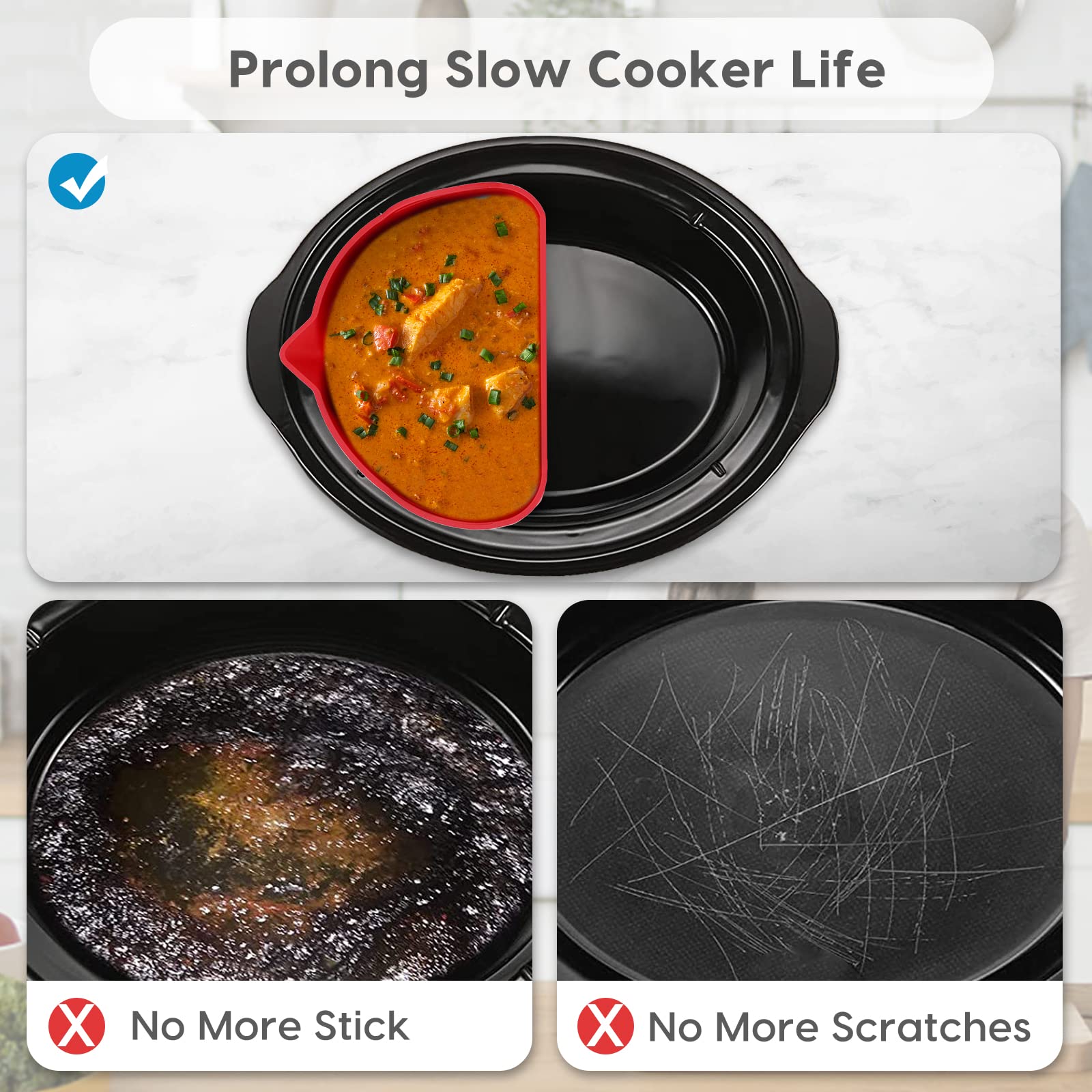 MMH Slow Cooker Divider Liner Fit for Crockpot & Hamilton Beach 6-7 Quart, Silicone Crock Pot Cooking Liners Inserts | Reusable & Leakproof | BPA Free | Dishwasher Safe | Red+Gray