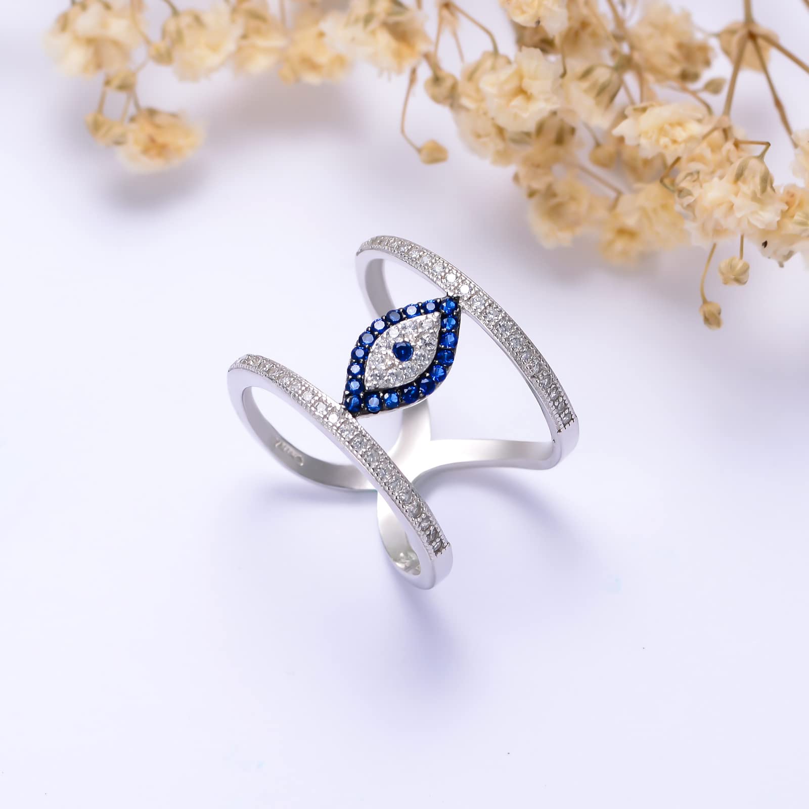 PEIMKO Evil Eye Ring Spiritual Turkish Double Band Ring Size7/8/9 Sterling Silver Blue Evil Eye Rings Round Evil Eye Ring Greek Evil Eye Protection Ring for Women(9)