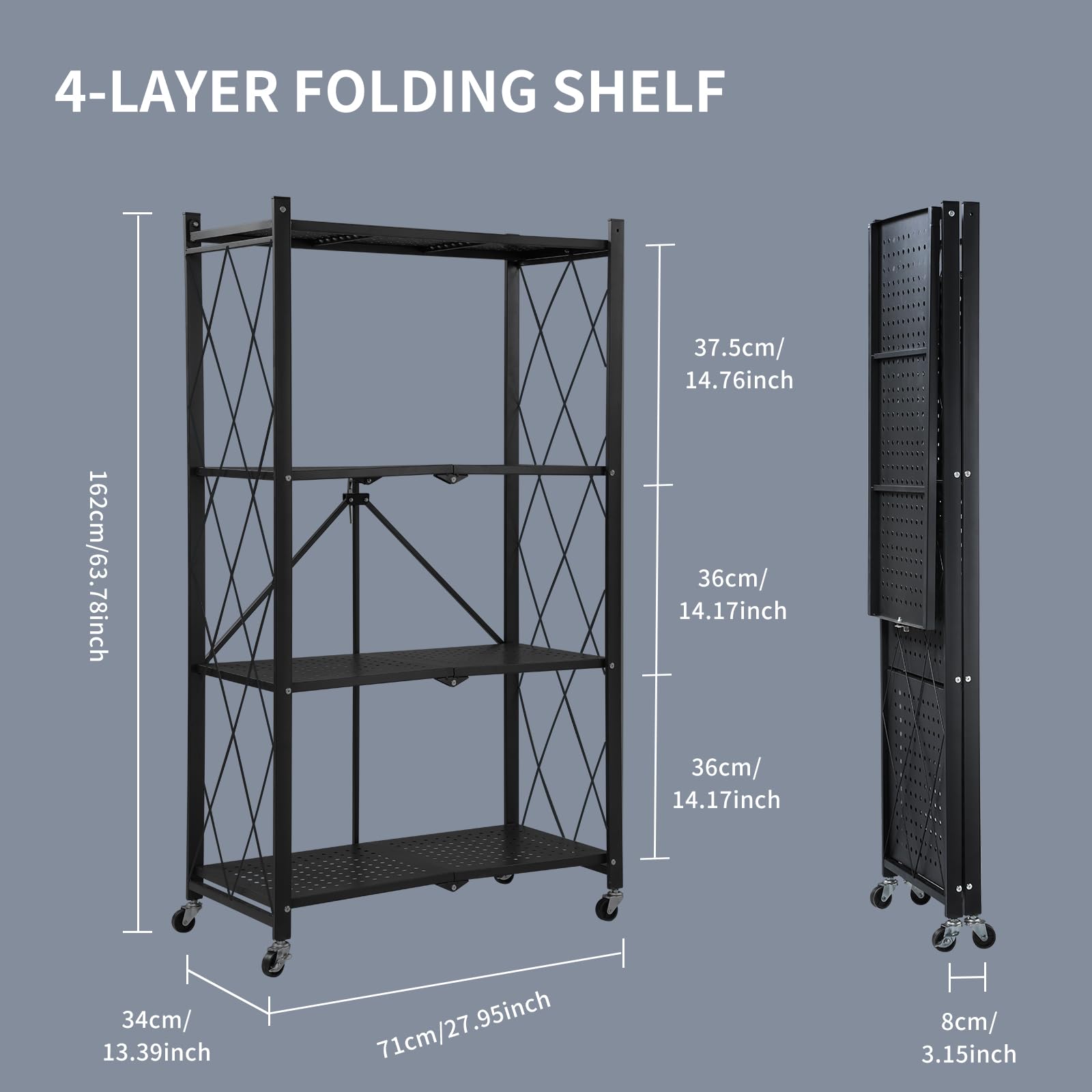 JOYBOS 4-Shelf Foldable Storage Shelves with Wheels, Heavy Duty Metal Shelving, No Assembly Organizer Wire Shelf Rack for Garage Kitchen, Basement, Pantry, Holds up to 1000 poundsā¦