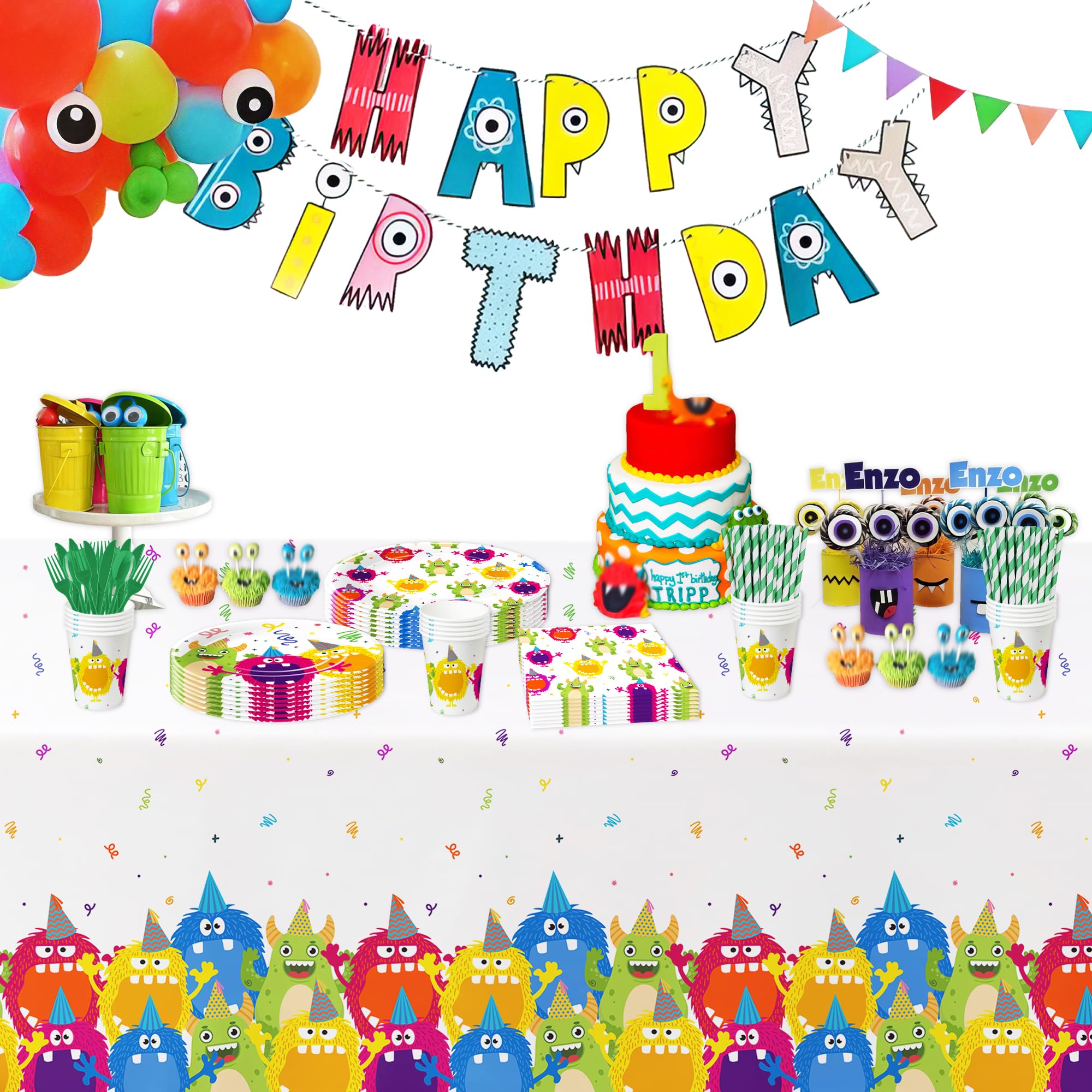 Xigejob Monster Birthday Party Supplies - Monster Party Decorations Tableware, Plate, Cup, Napkin, Tablecloth, Cutlery, Monsters Theme 1st 2nd 3rd Birthday Baby Shower Decorations Dinnerware| Serve 24