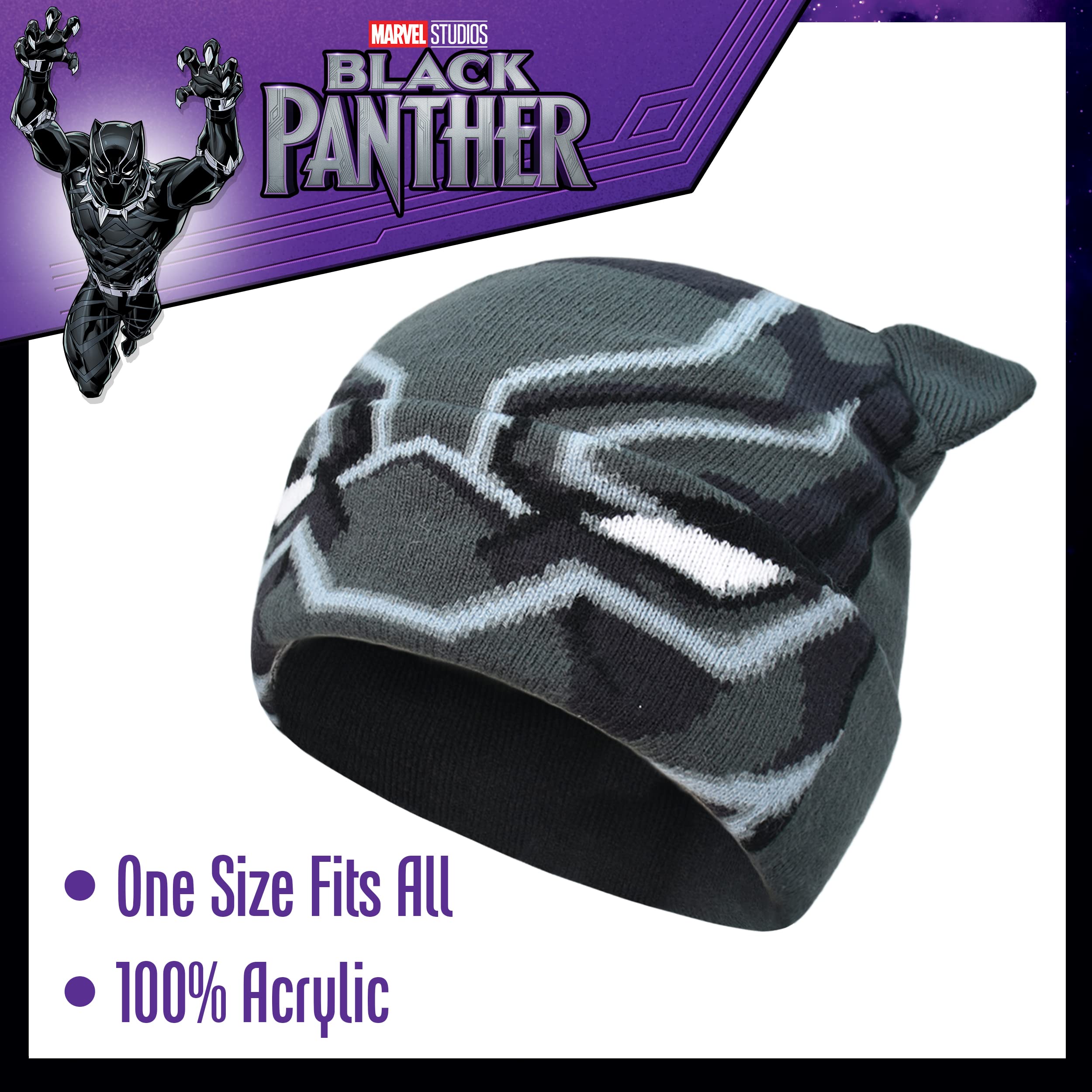 Marvel Black Panther Roll Down Cuff Beanie Hat, Black, One Size