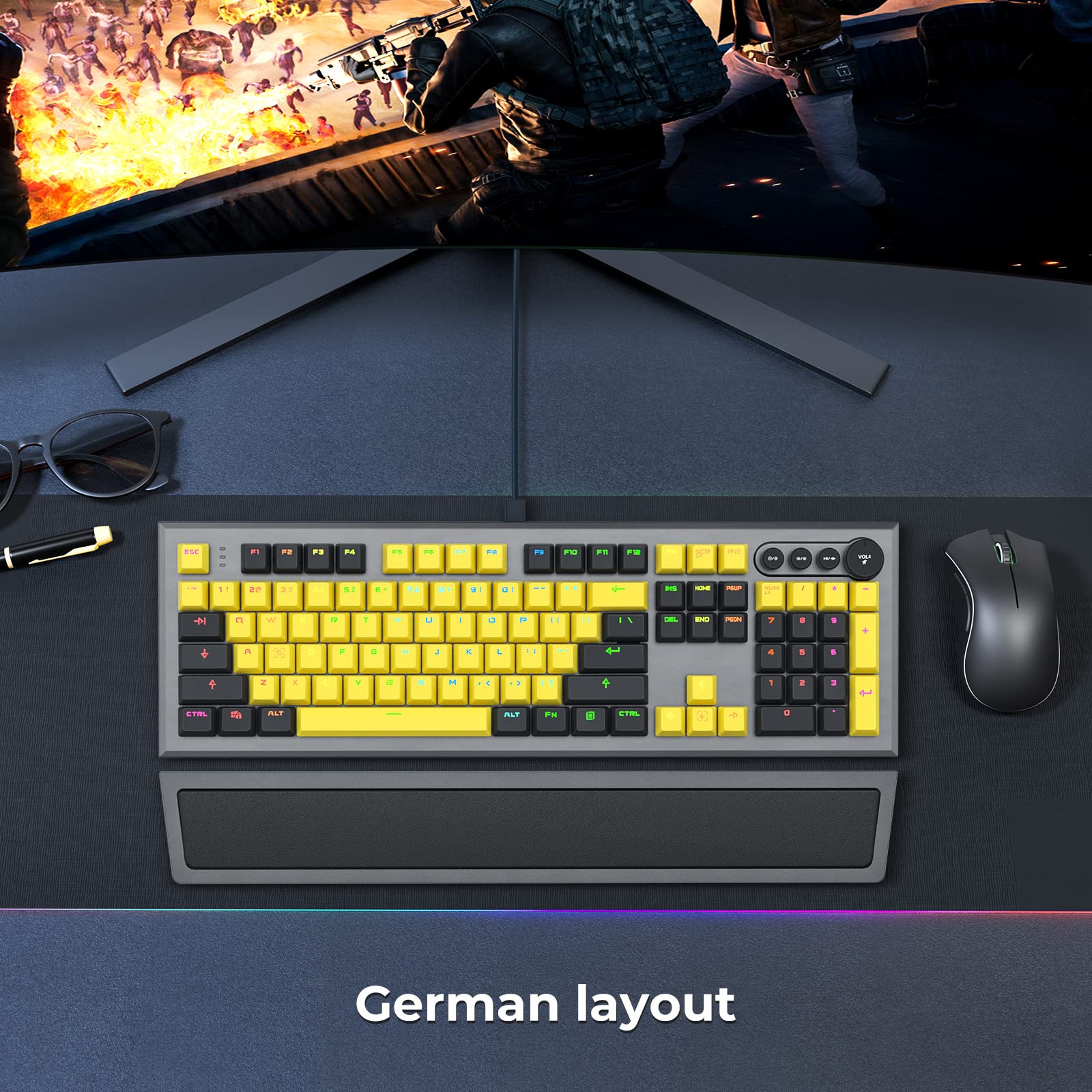 Mechanical Gaming Keyboard, PowerLead Wired Keyboard Rainbow RGB Backlit with Detachable Leather Wrist Rest, Programmable Settings with N-Key Flip, for Windows PC/MAC Games (104 Keys, Blue Switch)
