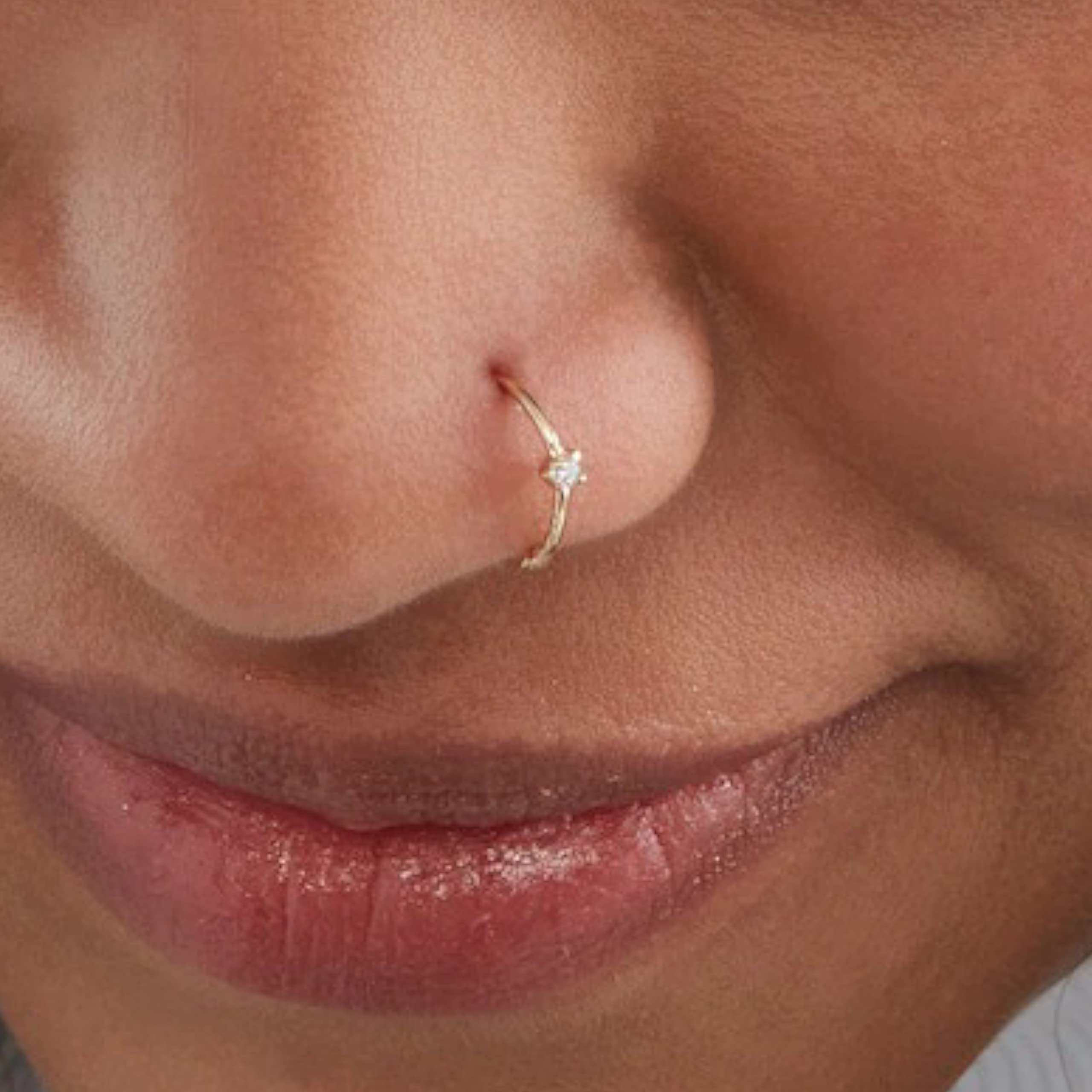 JewelMore Diamond Nose Ring Hoop - 14K White Gold or Yellow Gold (Yellow Gold)